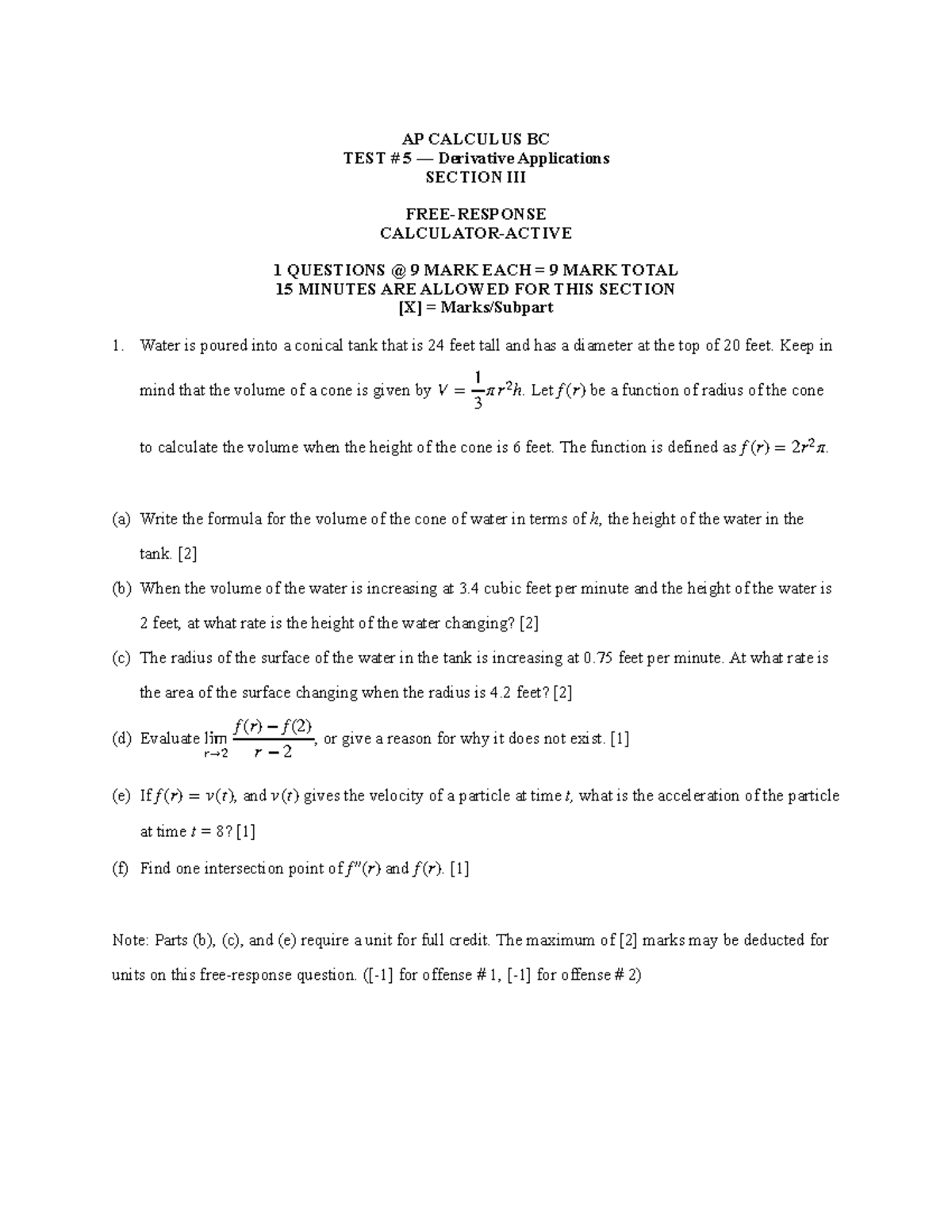 AP Calc BC Test 5 Free-Response Questions on Derivatives - Studocu