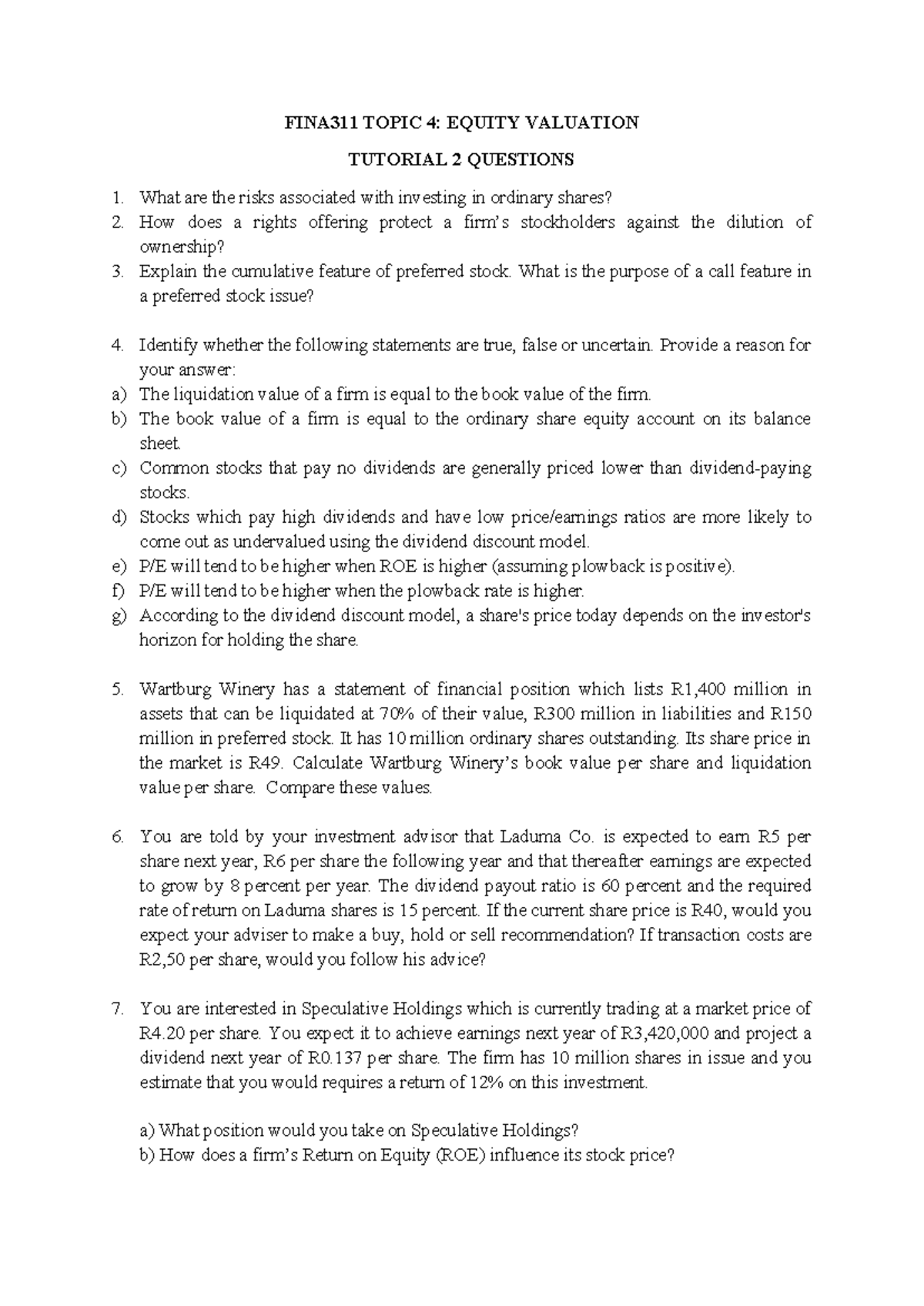 FINA311 Tutorial 2 Equity Valuation Questions (2025) - Studocu