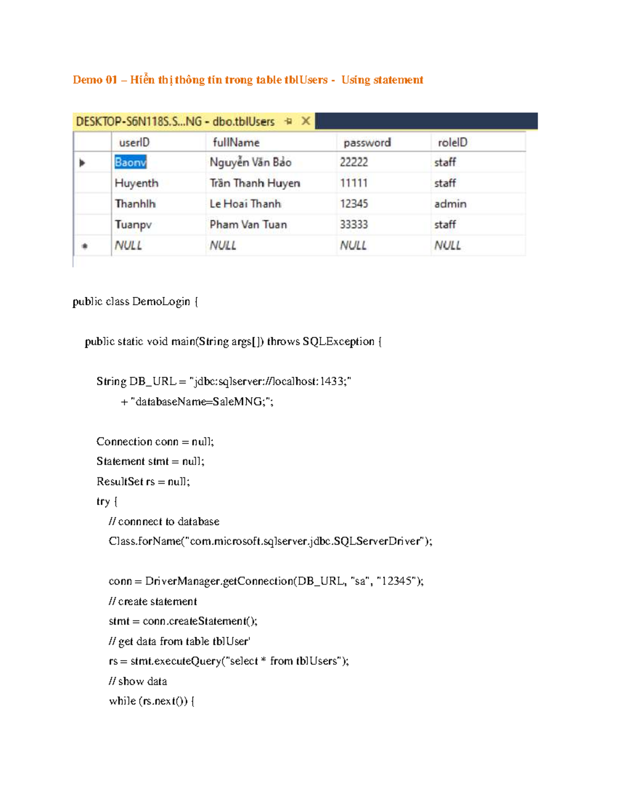 Demo 01 - Hiển thị thông tin từ tblUsers - Using Statement in Java ...