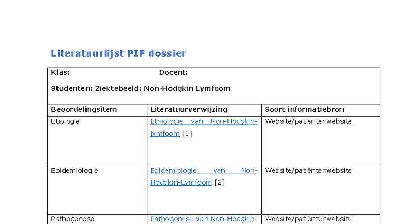 Literatuurlijst PIF Dossier: Lymfoom en Behandelingsopties - Studeersnel