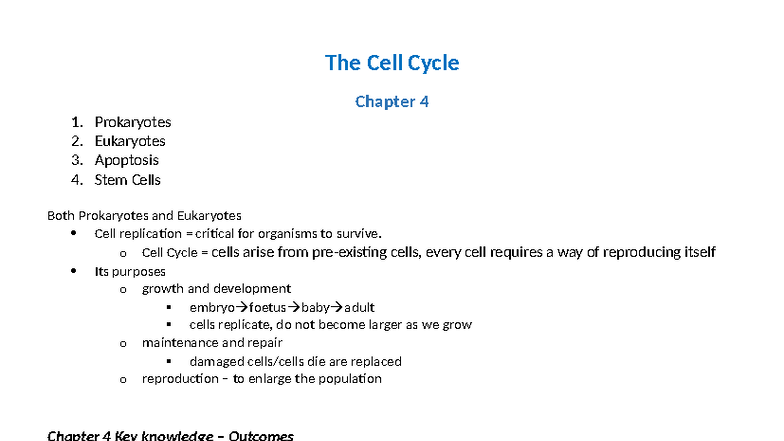 Biology 101: Chapter 4 - The Cell Cycle, Prokaryotes & Eukaryotes - Studocu