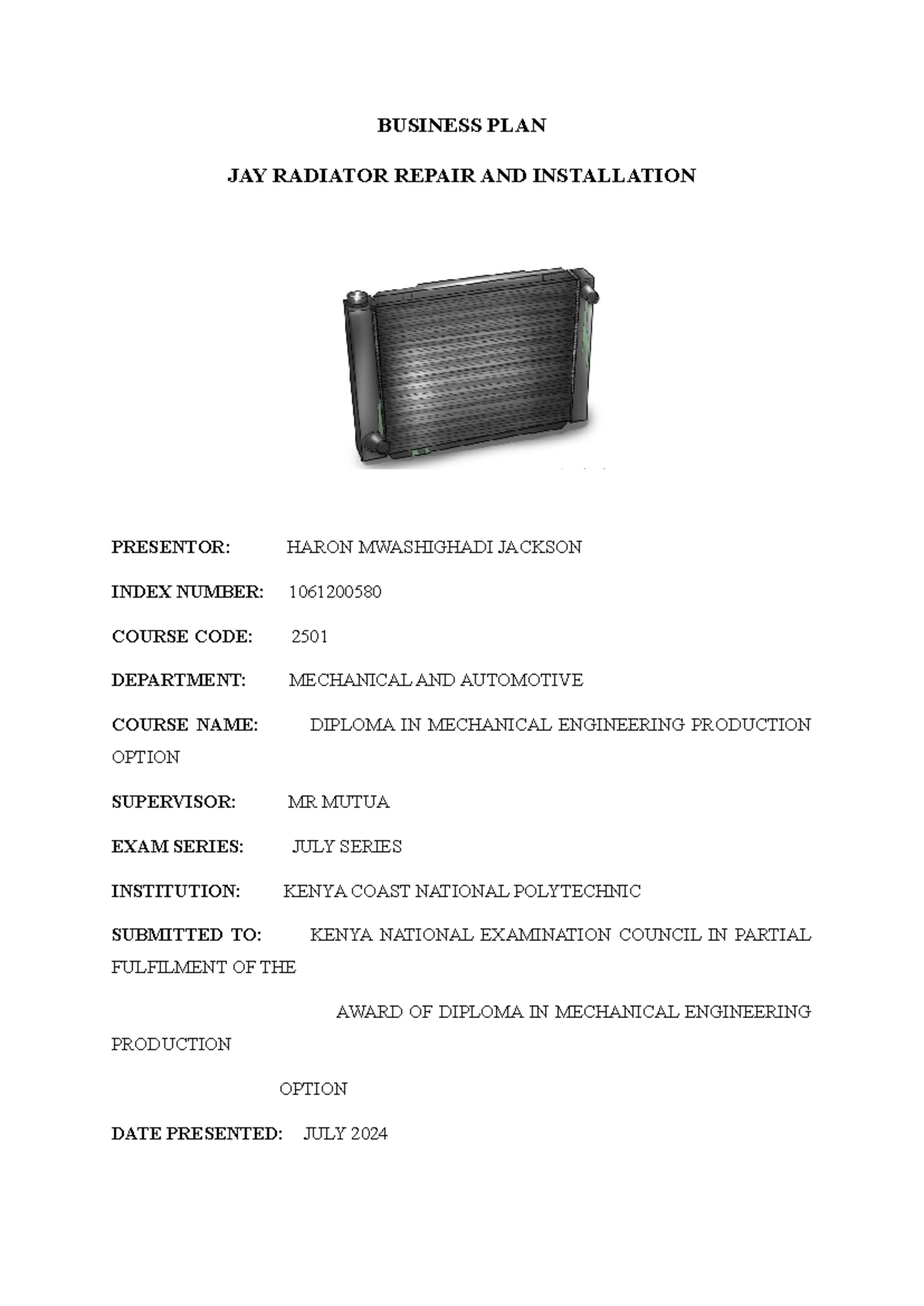 Business Plan for Jay Radiator Repair & Installation - ME 2501 - Studocu