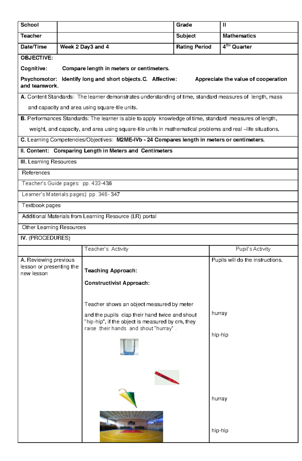 Grade II Math Lesson Plan: Comparing Lengths in Meters & Centimeters ...