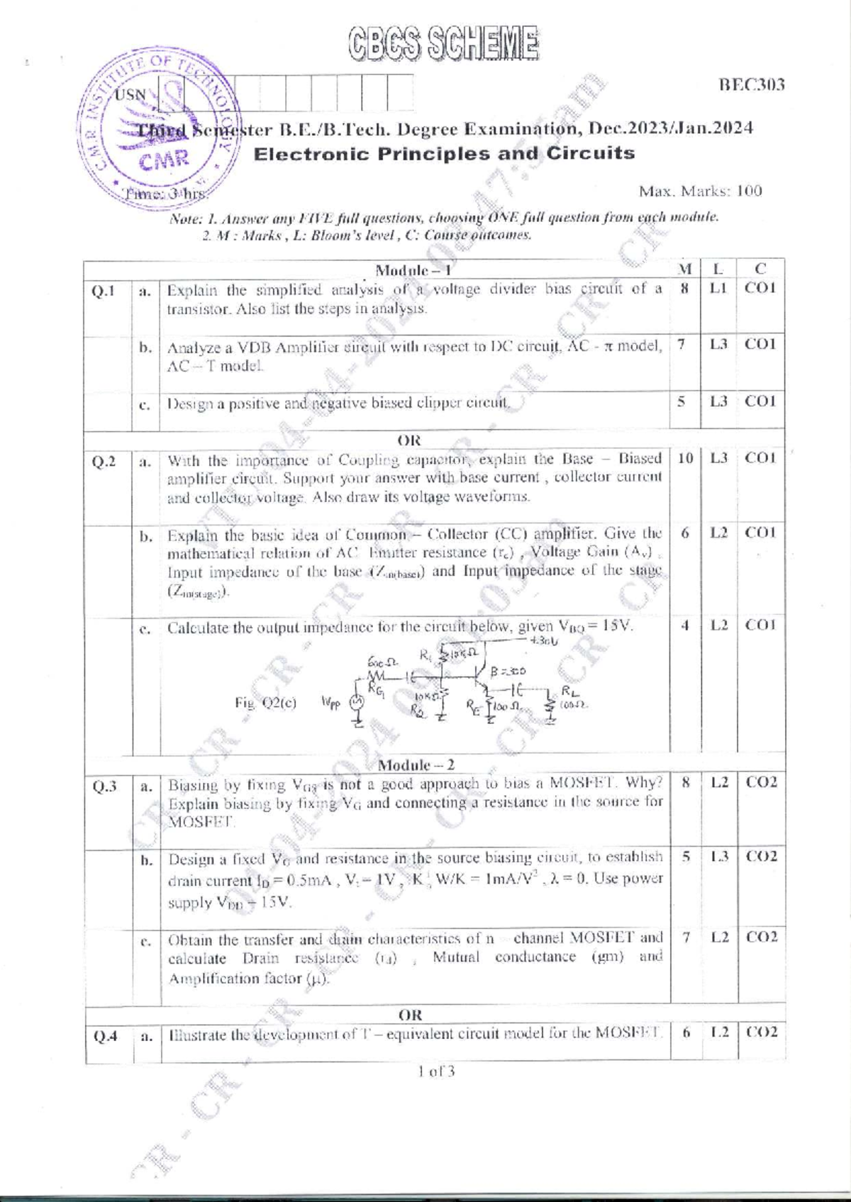 VTU BEC303 Electronic Principles & Circuits Question Paper Jan-Feb 2024 ...