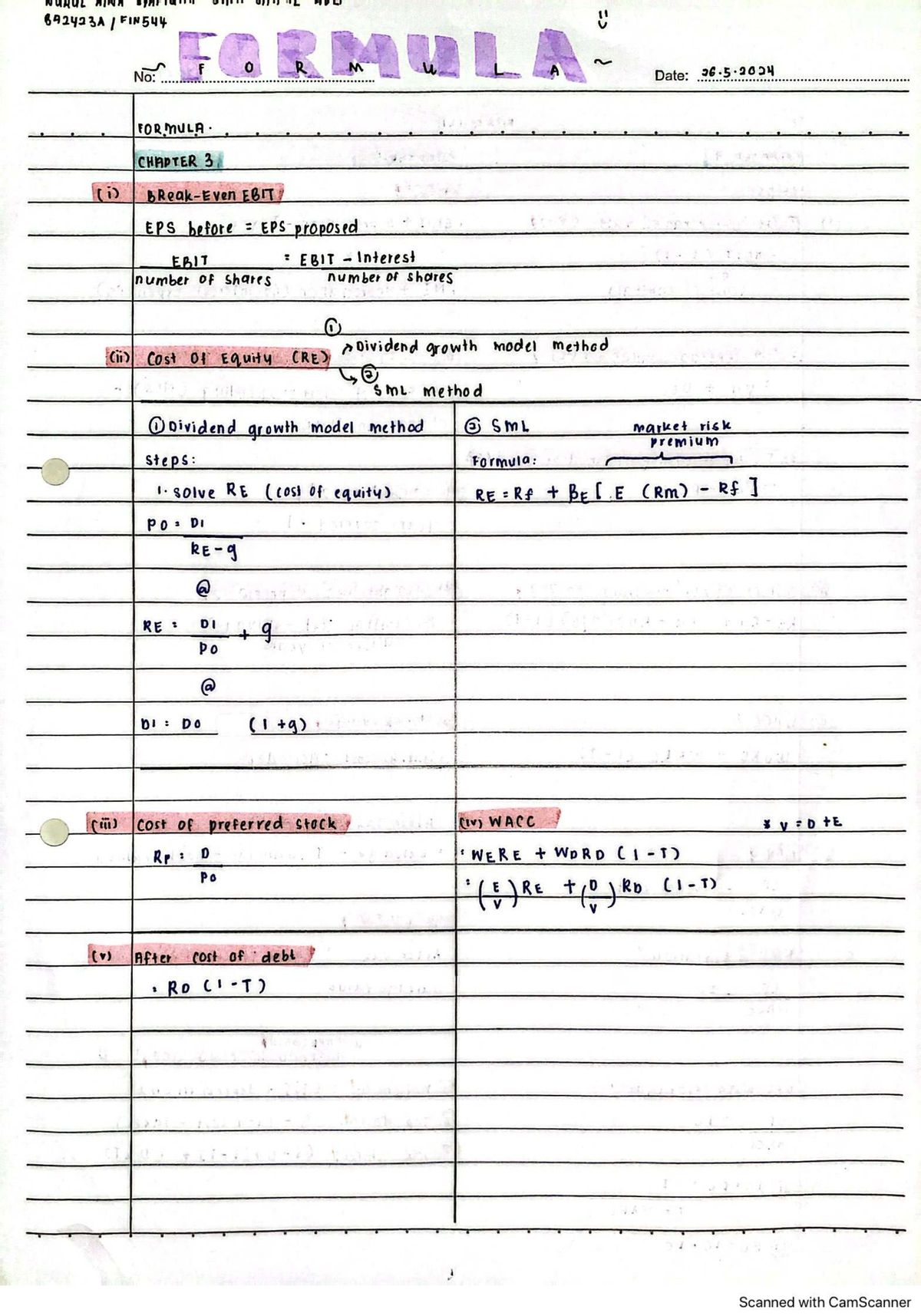 Formula Notes for FIN544: EBIT, WACC, and NPV Analysis - Studocu