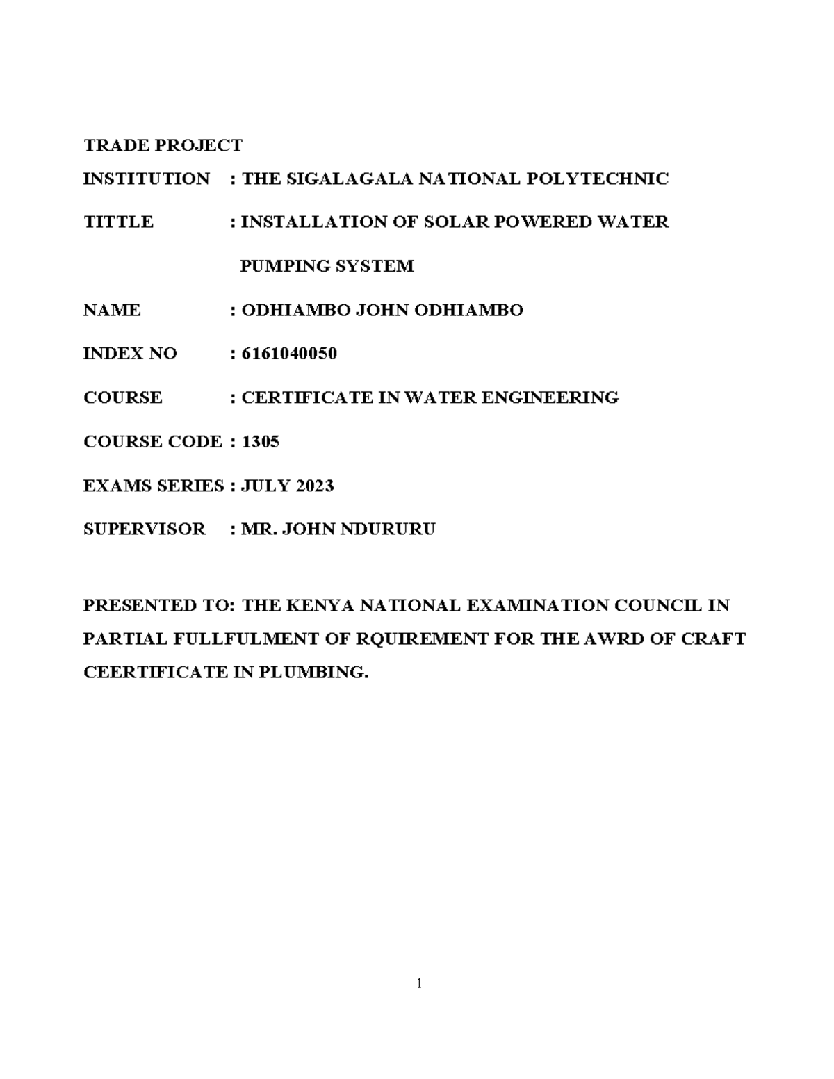 JOHN Project Water ENG - TRADE PROJECT INSTITUTION : THE SIGALAGALA ...