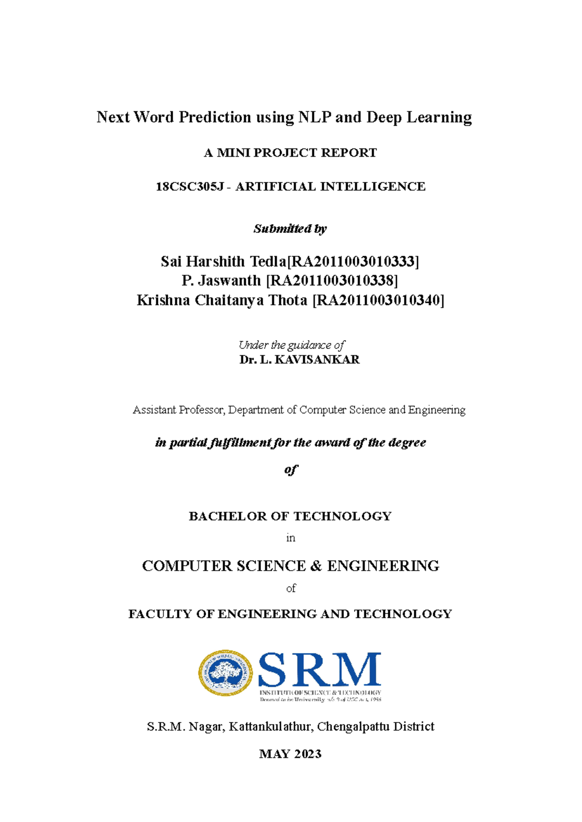 Next-Word Prediction with NLP & Deep Learning - MINIPROJECT 18CSC305J ...