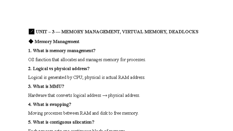 UNIT 3: Memory Management, Virtual Memory & Deadlocks Overview - Studocu