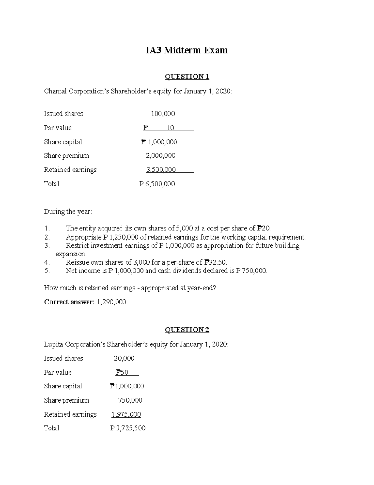 Intermediate Accounting 3 Midterm Exam - IA3 Midterm Exam QUESTION 1 ...