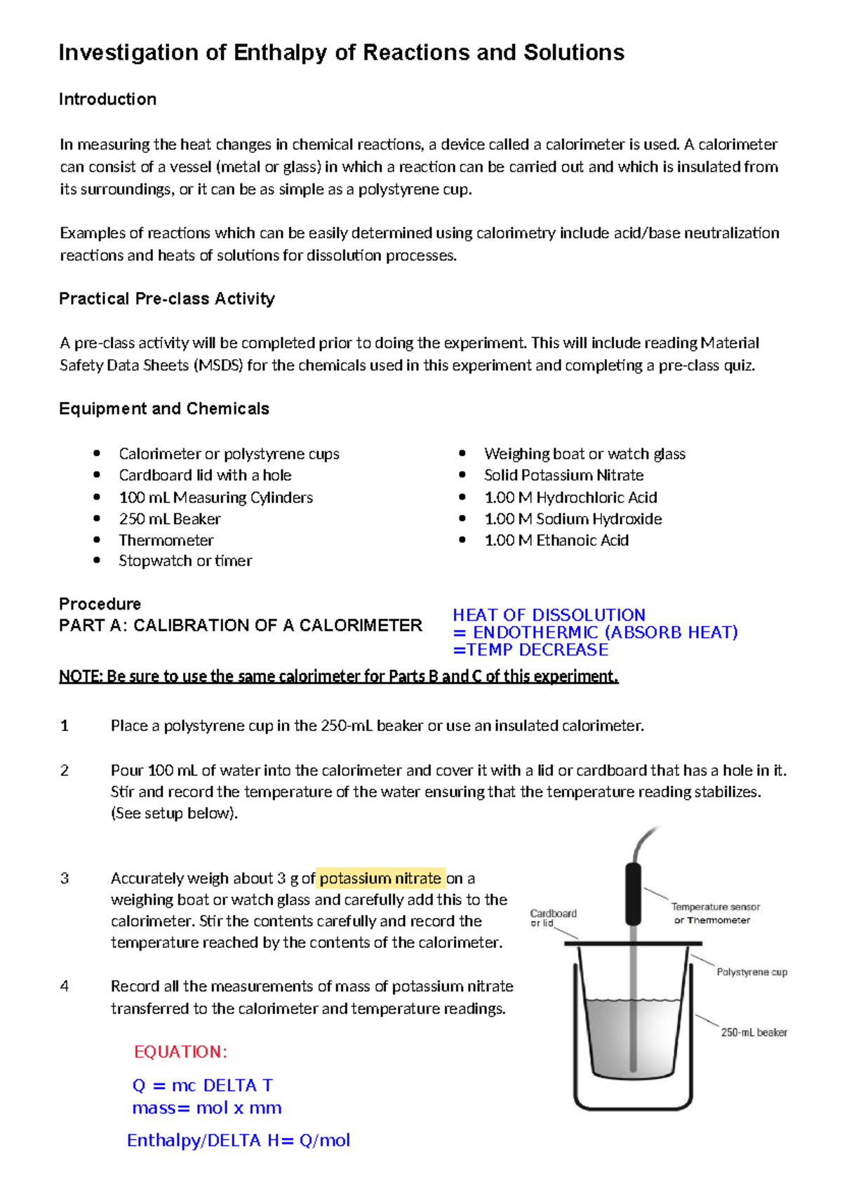 Investigation of Enthalpy in Reactions & Solutions - Chemistry Sem1 ...
