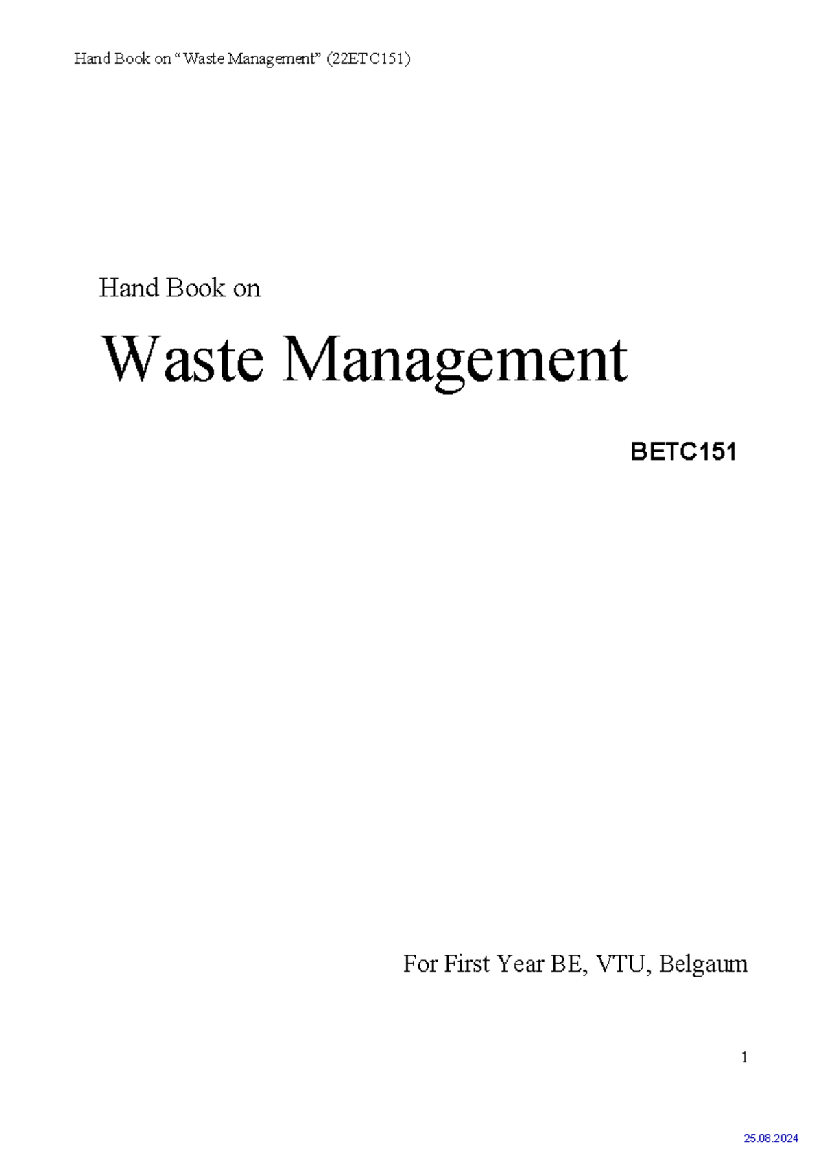 Handbook on Waste Management (22ETC151) for First Year BE, VTU - Studocu