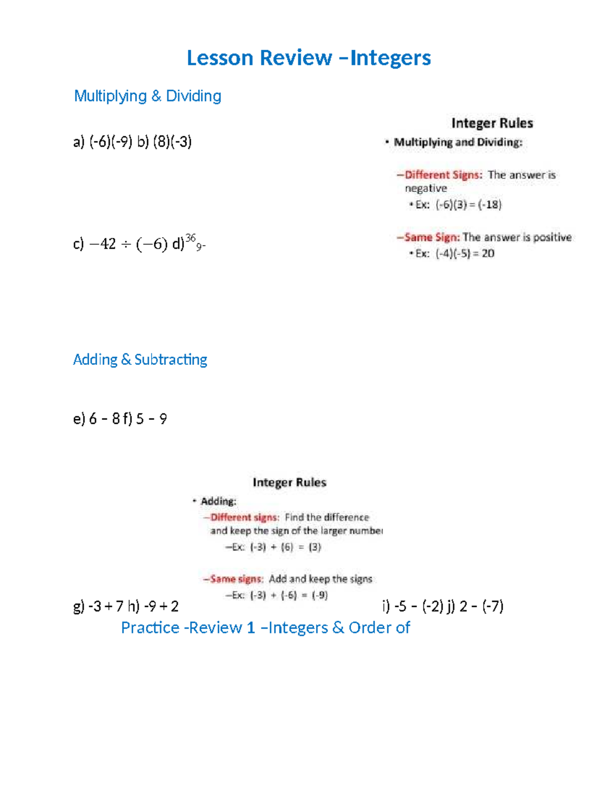 Lesson Review: Integers Multiplication, Division, Addition, and ...
