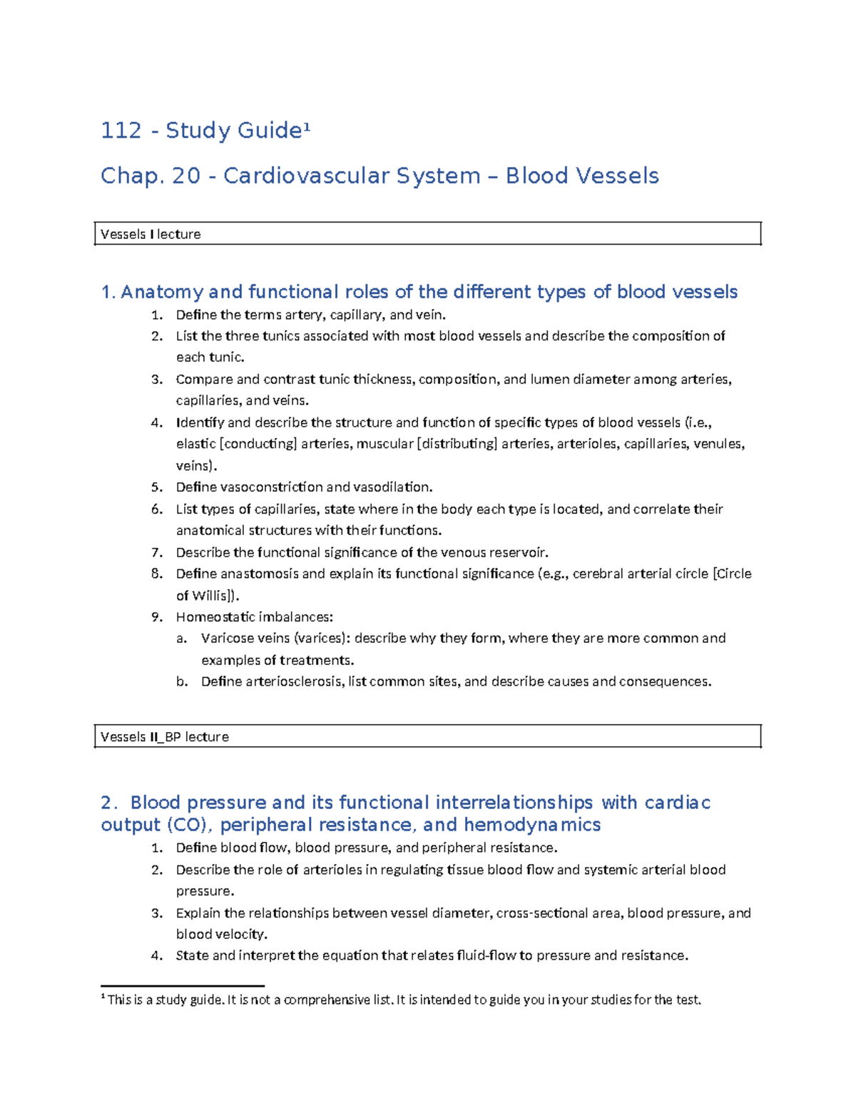 Final Exam Study Guide: Blood Vessels in Cardiovascular System (BIO101 ...