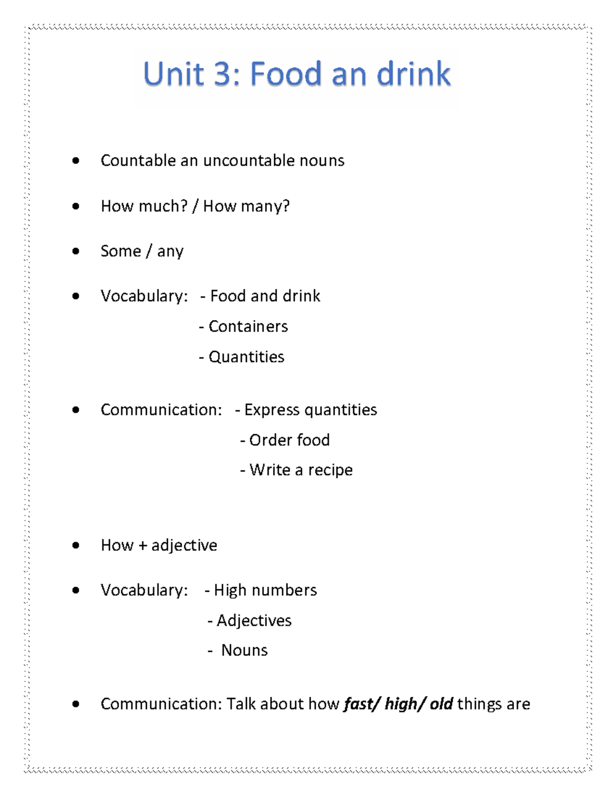 Unit 3: Food and Drink - Grammar Activities on Countable & Uncountable ...