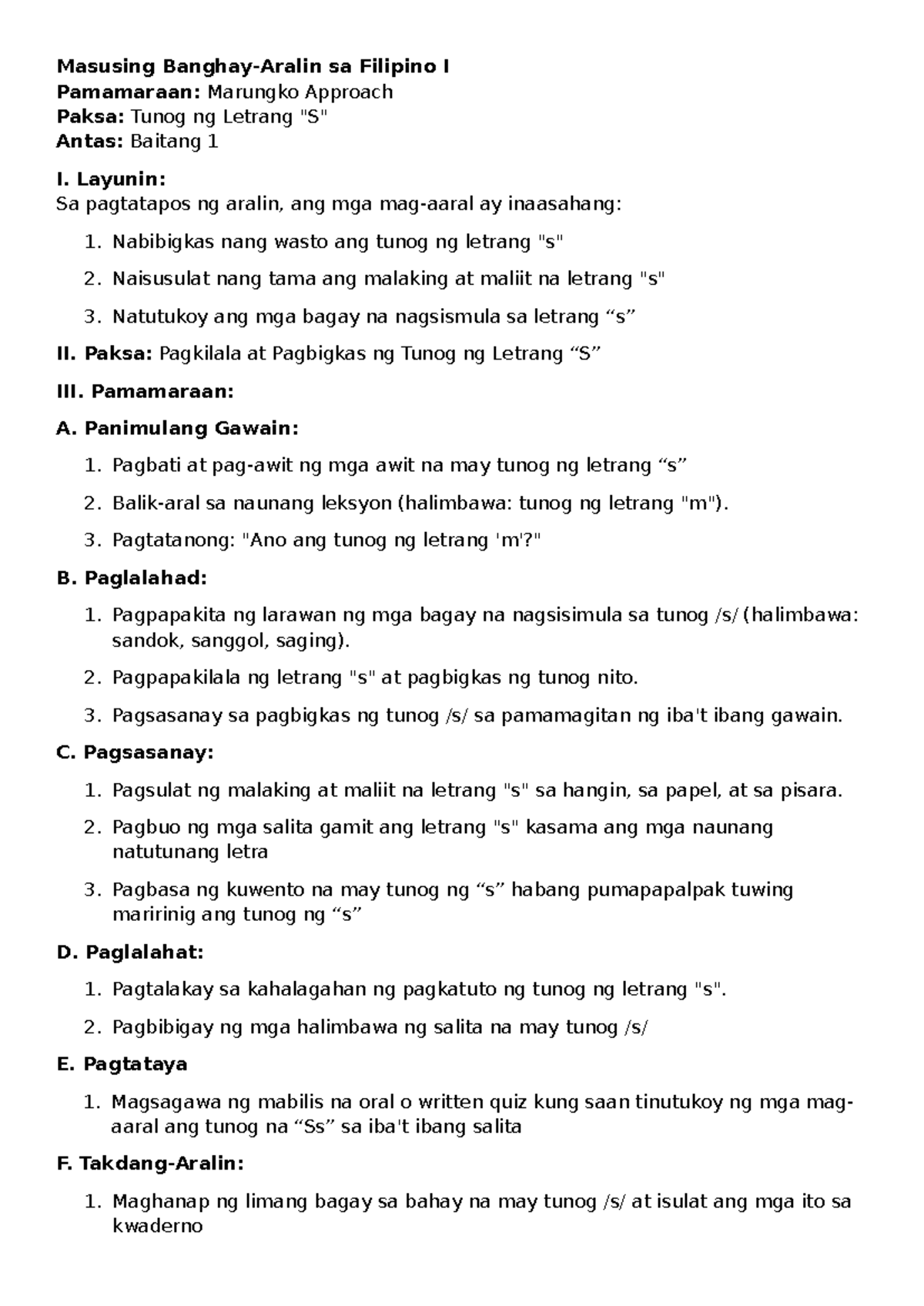 Sample Lesson Plan: Marungko Approach in Filipino I (Baitang 1) - Studocu