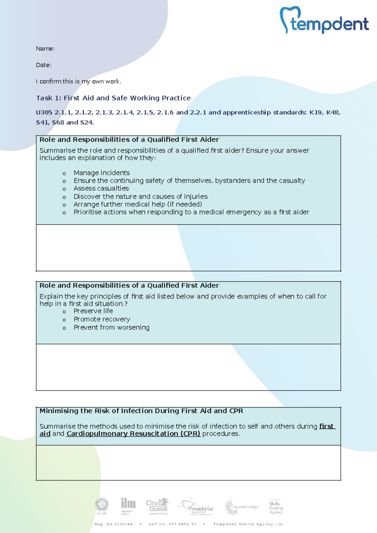 First Aid & Safe Working Practice U305: Roles & Responsibilities - Studocu