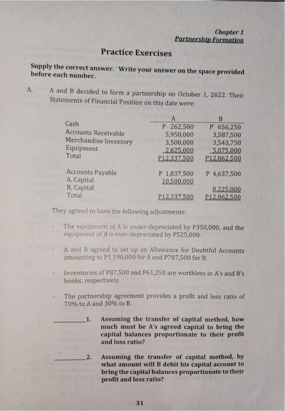 Chapter 1 - Partnership Formation Practice Exercises and Solutions ...