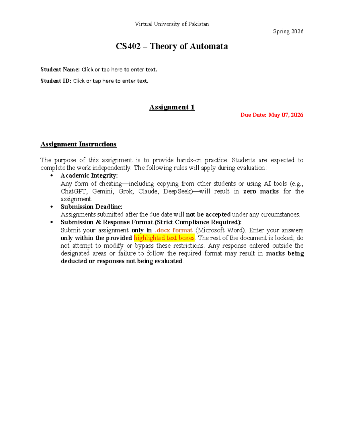 CS402 Assignment 1: Theory of Automata - Spring 2026 - Studocu