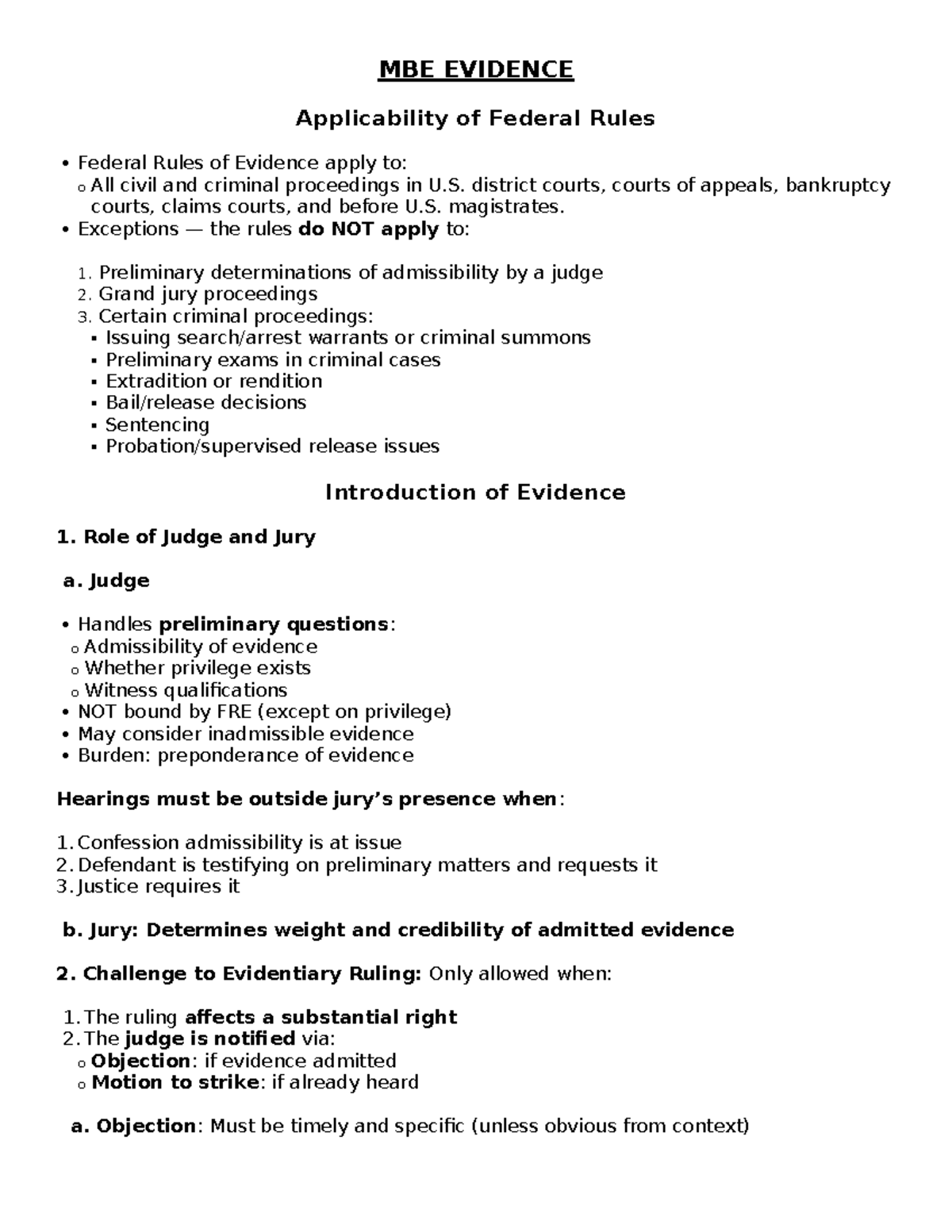 MBE EVIDENCE - Comprehensive Outline of Federal Rules Applicability ...