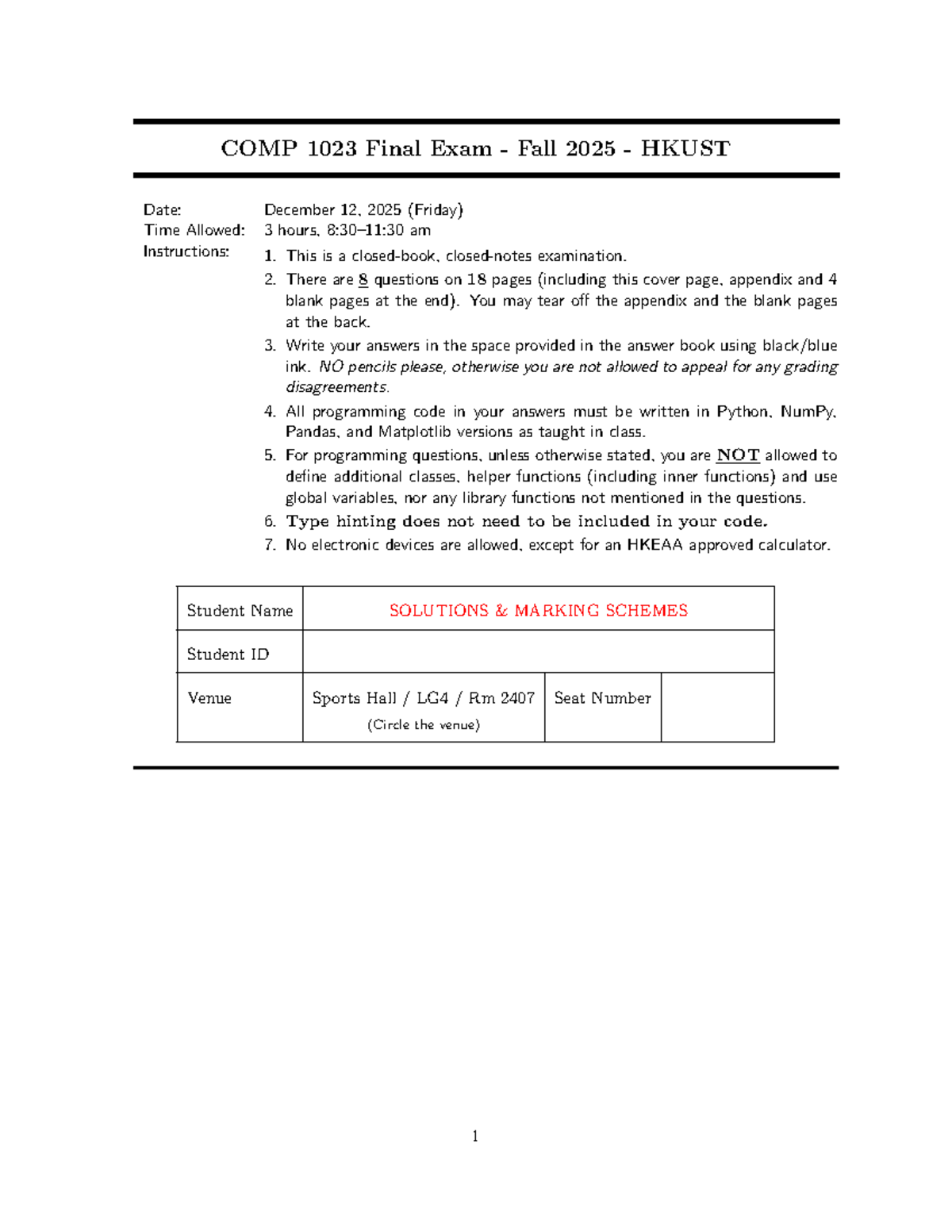 COMP 1023 Final Exam Solutions & Marking Scheme - Fall 2025 - Studocu