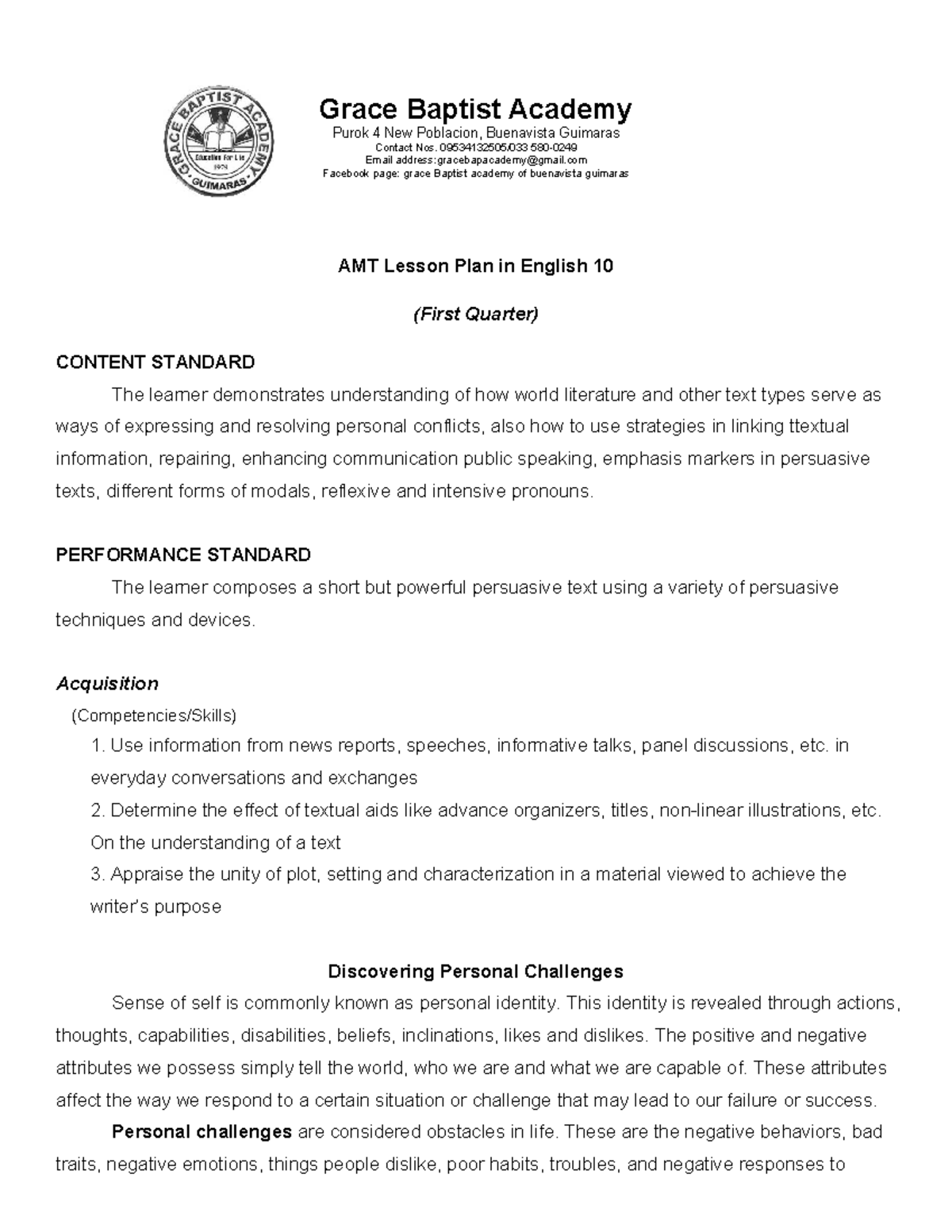 AMT Lesson Plan in English 10 (First Quarter) - Grace Baptist Academy ...