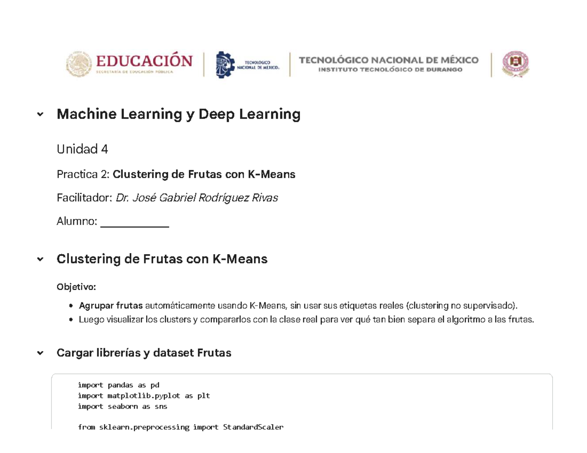 Unidad 4 - Practica 2: Clustering de Frutas con K-Means (ML) - Studocu