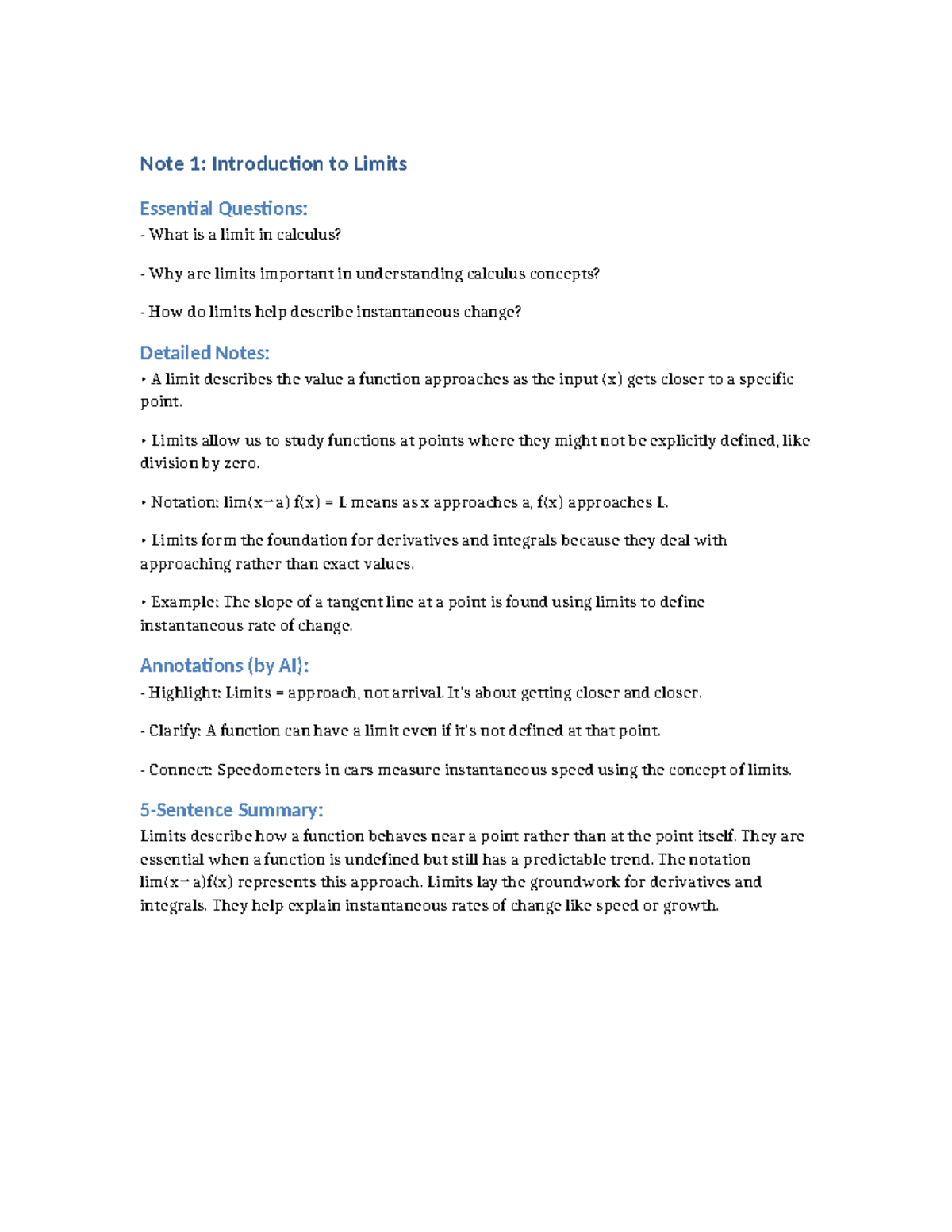 Calculus (MATH101) Limits Notes: Introduction, Algebraic Techniques ...