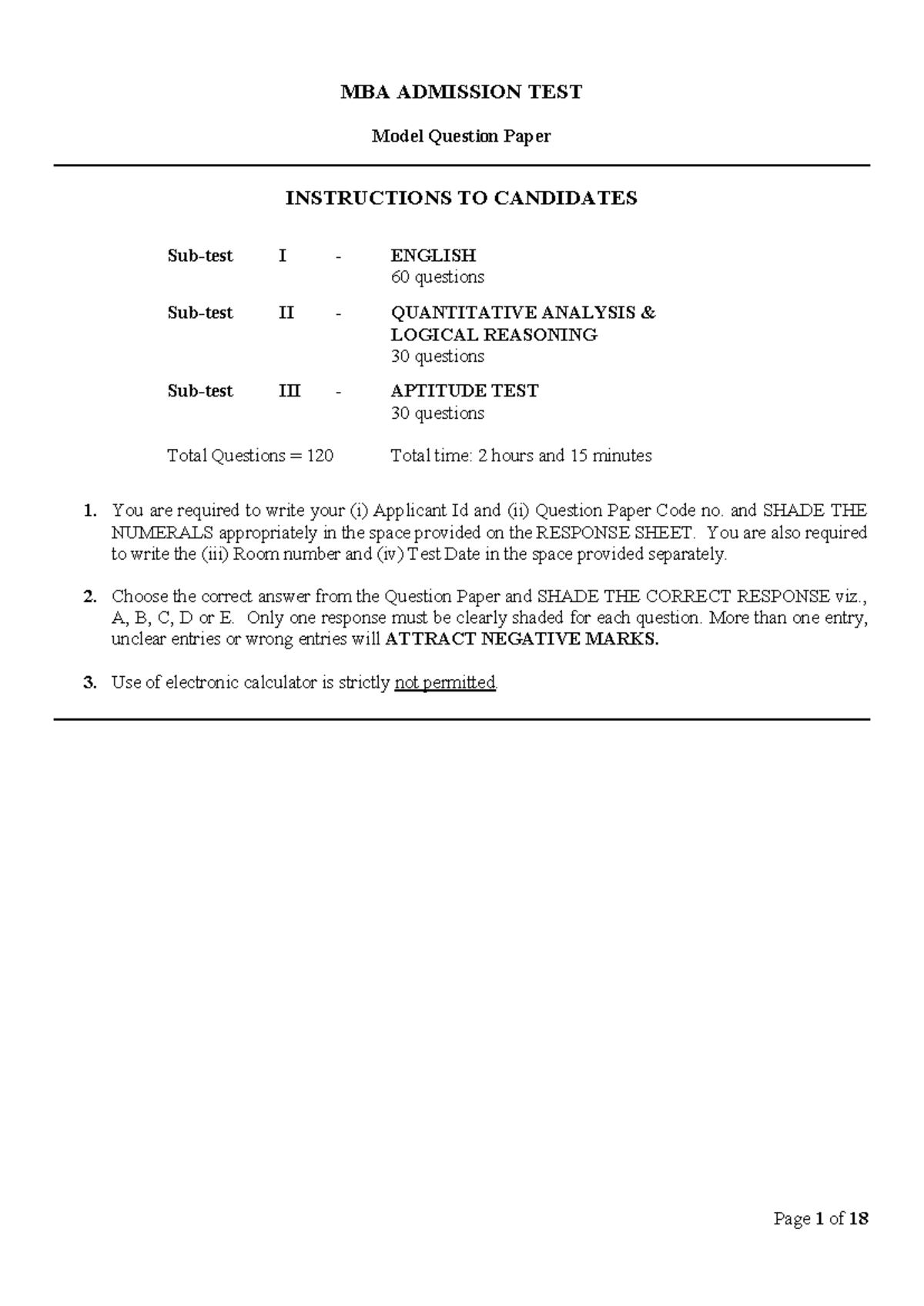 Sssihl MBA Admission Test Model Question Paper - Studocu