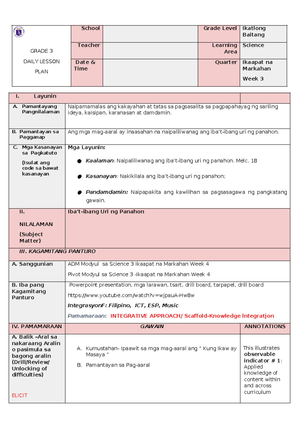 COT- Science 3 - Q4 W3 Daily Lesson Plan on Weather Types - Studocu