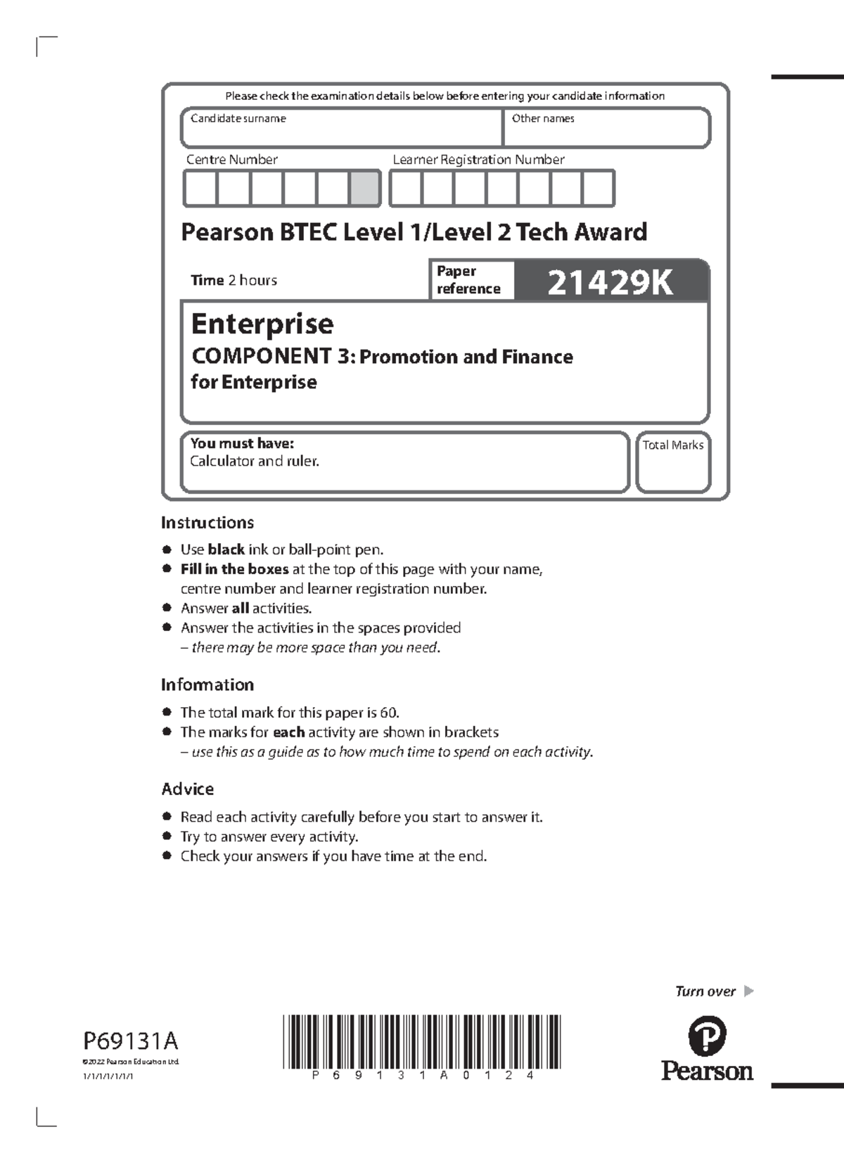 BTEC Level 1/2 Tech Award: Enterprise Promotion & Finance Past Paper ...