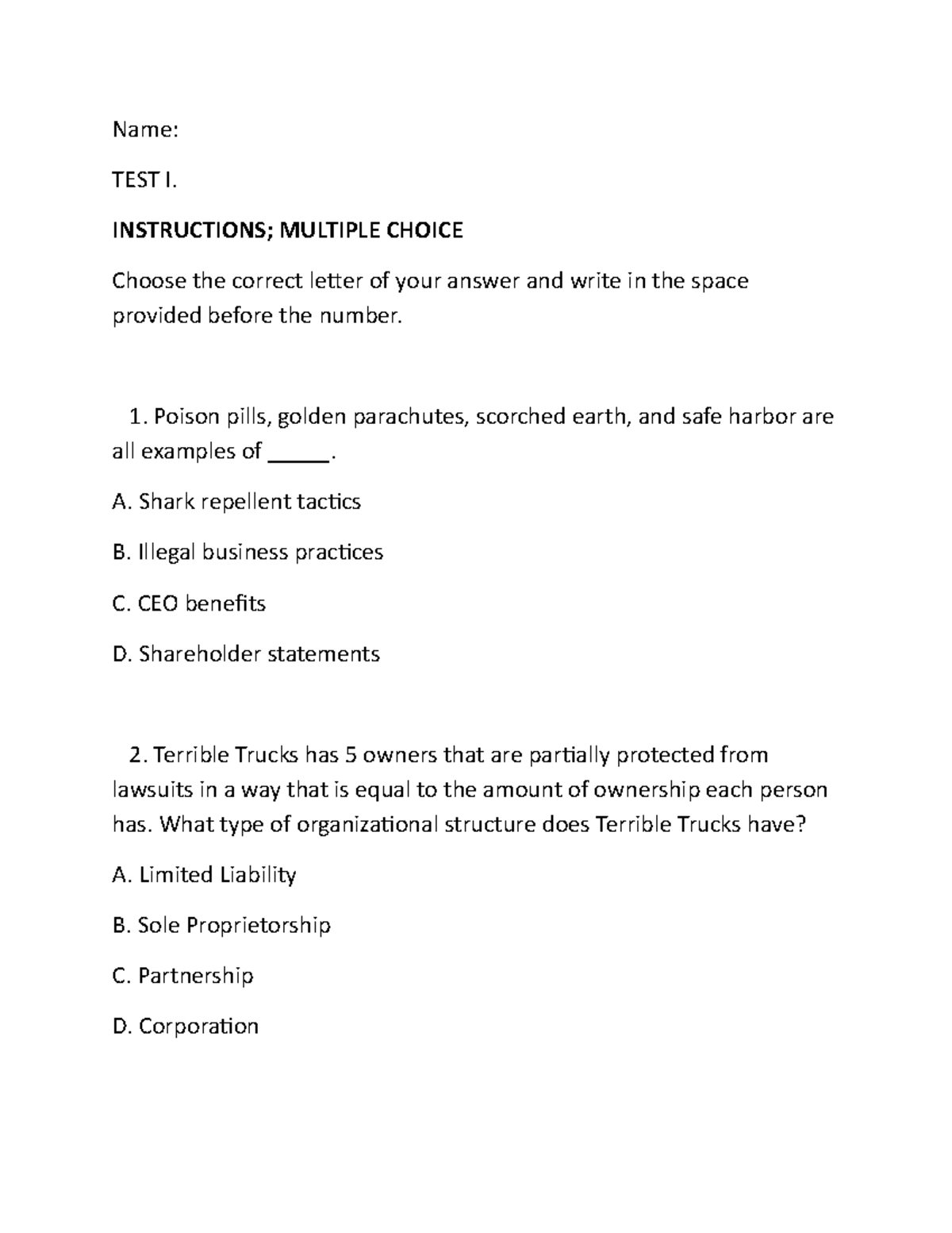 BUS 101: Test I & II - Multiple Choice and Modified True/False - Studocu