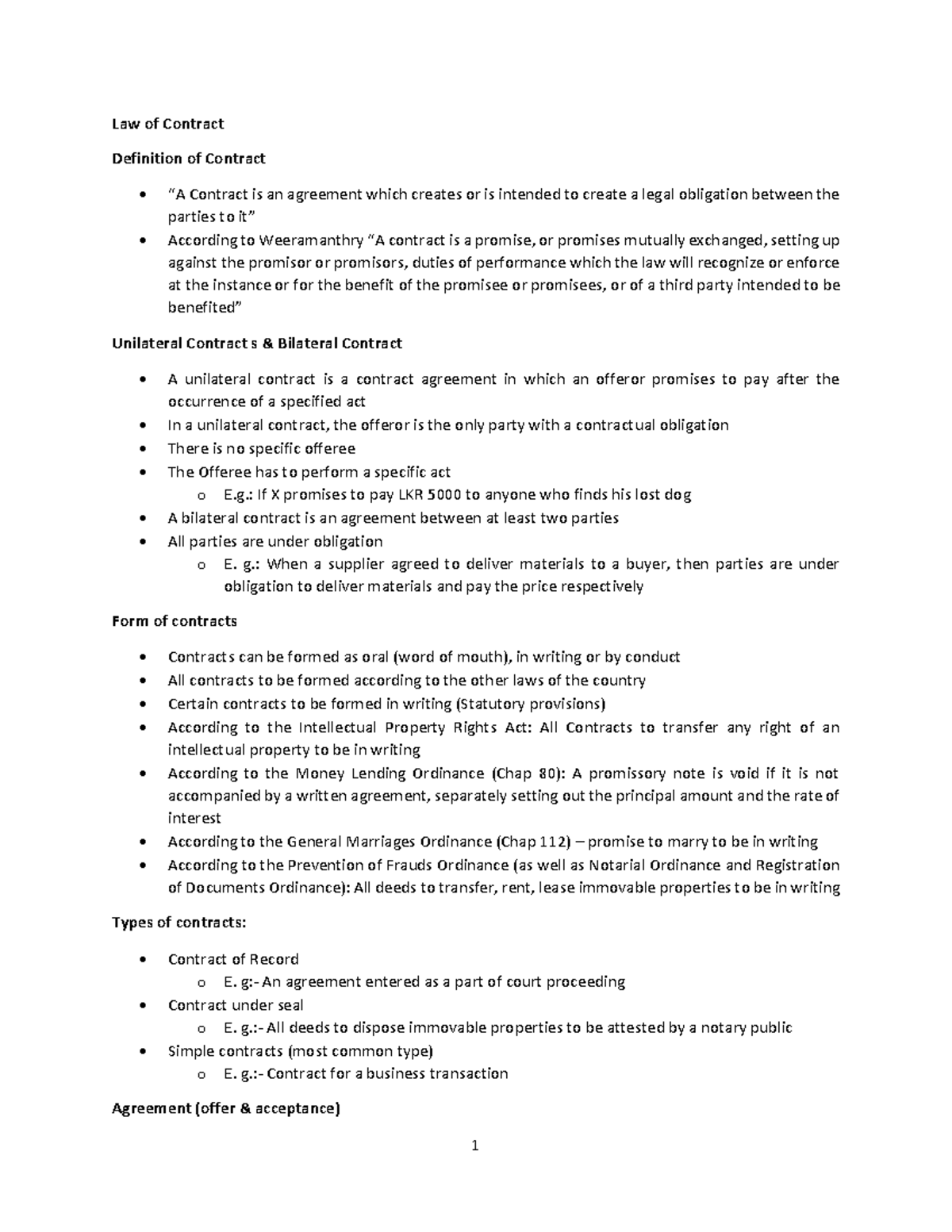 Contract Law Notes: Key Concepts & Case Analyses - LAW101 - Studocu