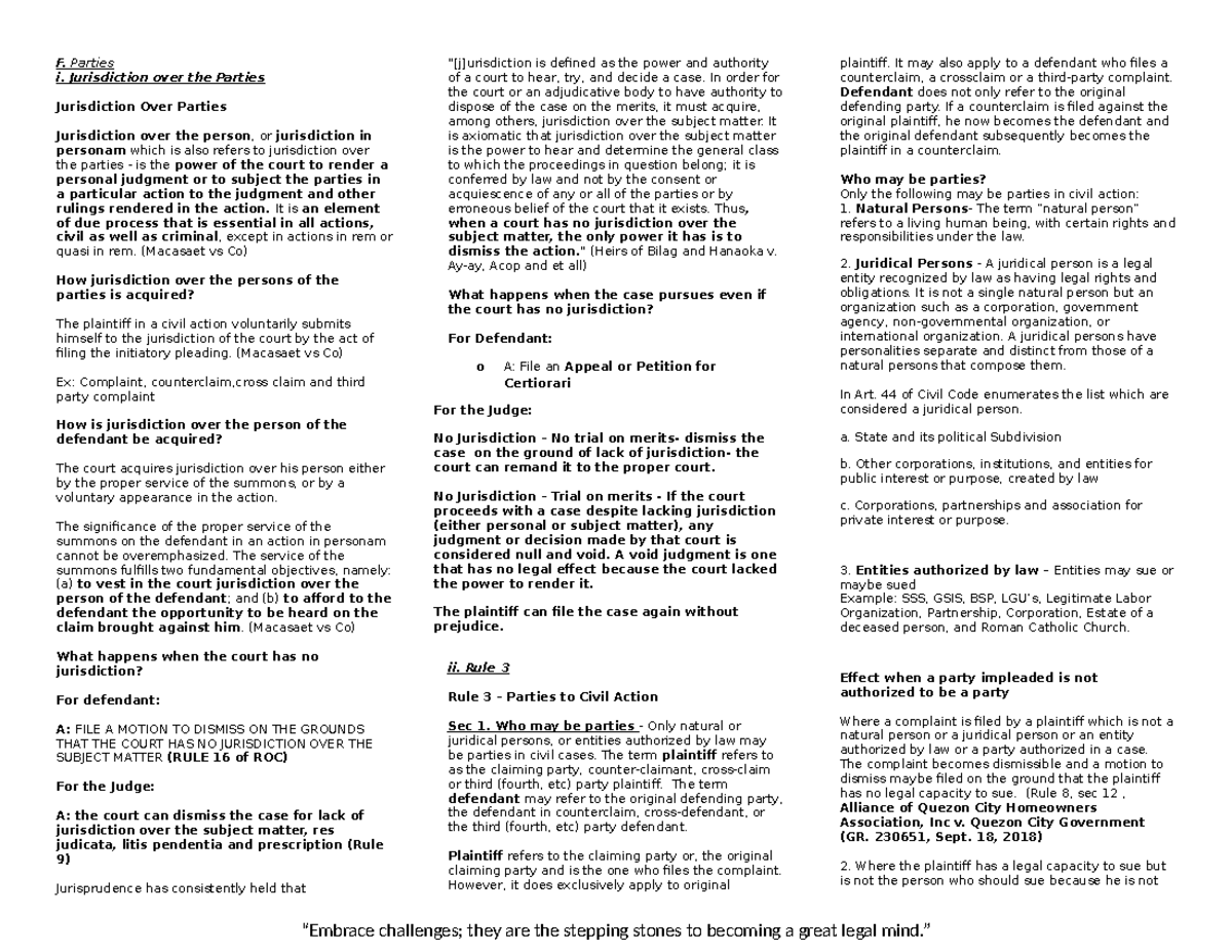 Rule 3-4 civ pro 1 - RULE 3-4 - F. Parties i. Jurisdiction over the ...
