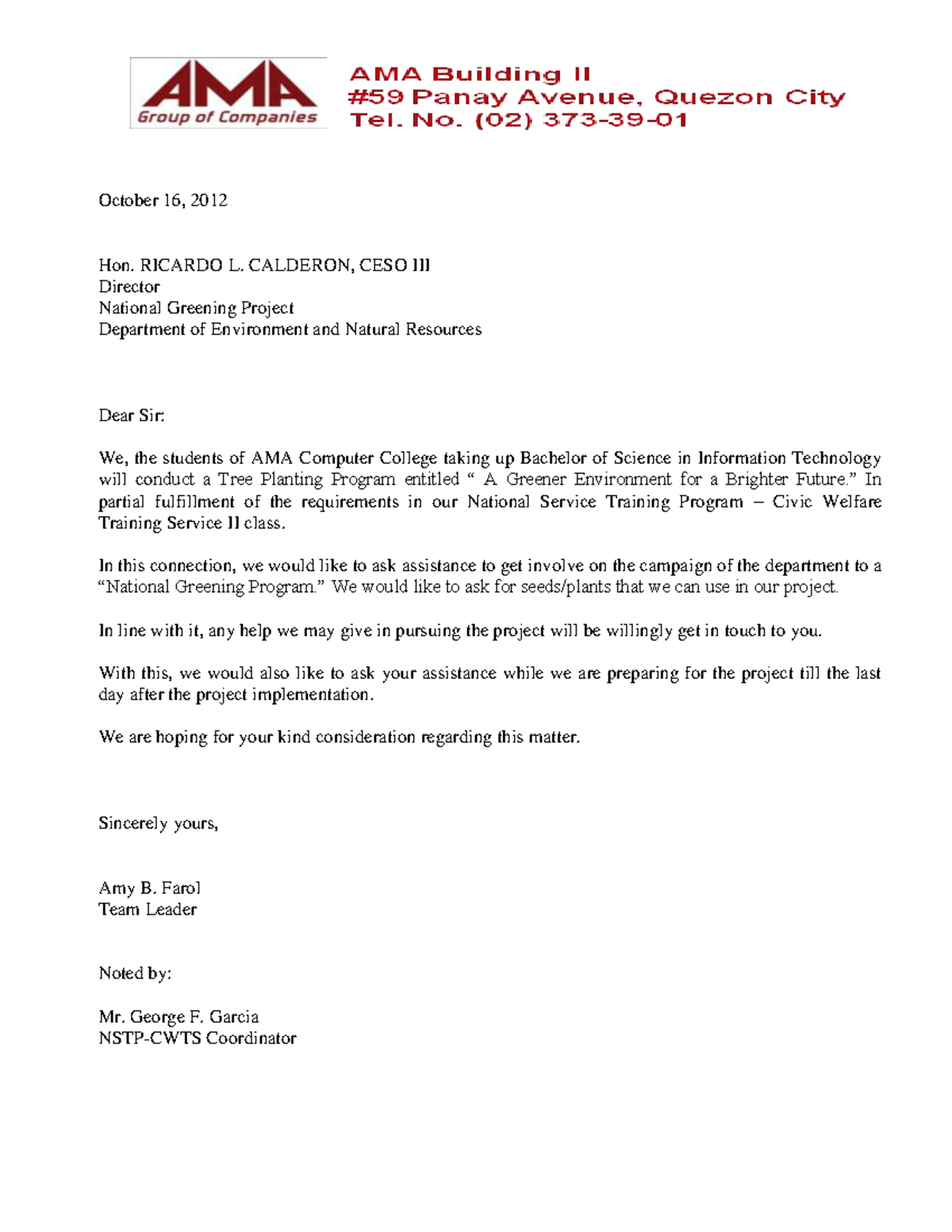 NSTP-CWTS II - Sample Letter to DENR for Tree Planting Program - Studocu