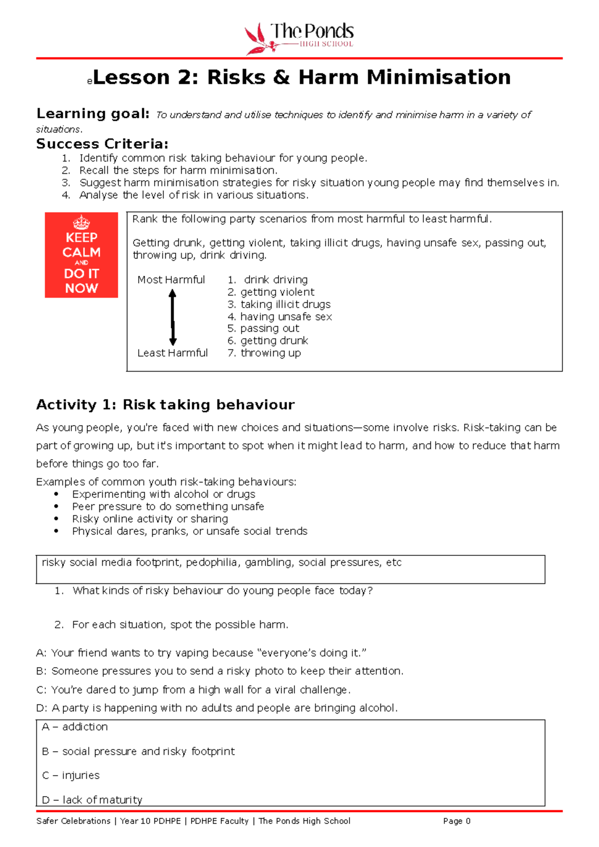 Lesson 2: Harm Minimisation Strategies in Year 10 PDHPE - Studocu
