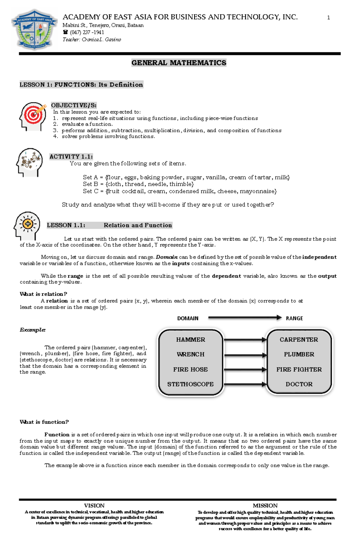 GEN MATH 1: Functions and Their Operations - Lesson Overview - Studocu