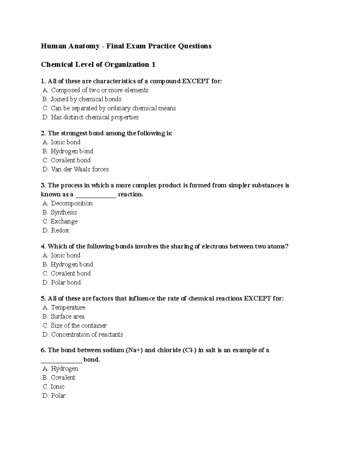 Human Anatomy - Final Exam Practice Qs and Answer Key - Studocu