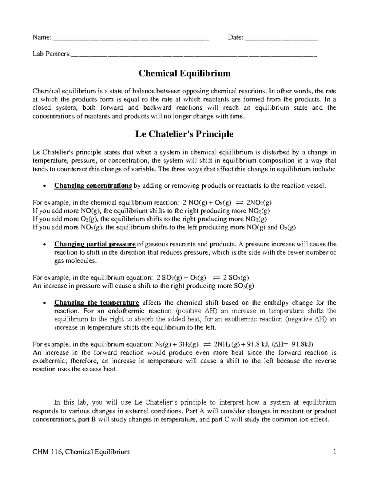 CHM 116 Lab: Understanding Chemical Equilibrium and Le Chatelier's ...