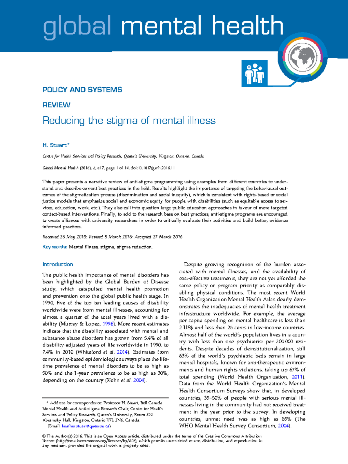 Global Mental Health (2016) Policy Review: Stigma Reduction Strategies ...