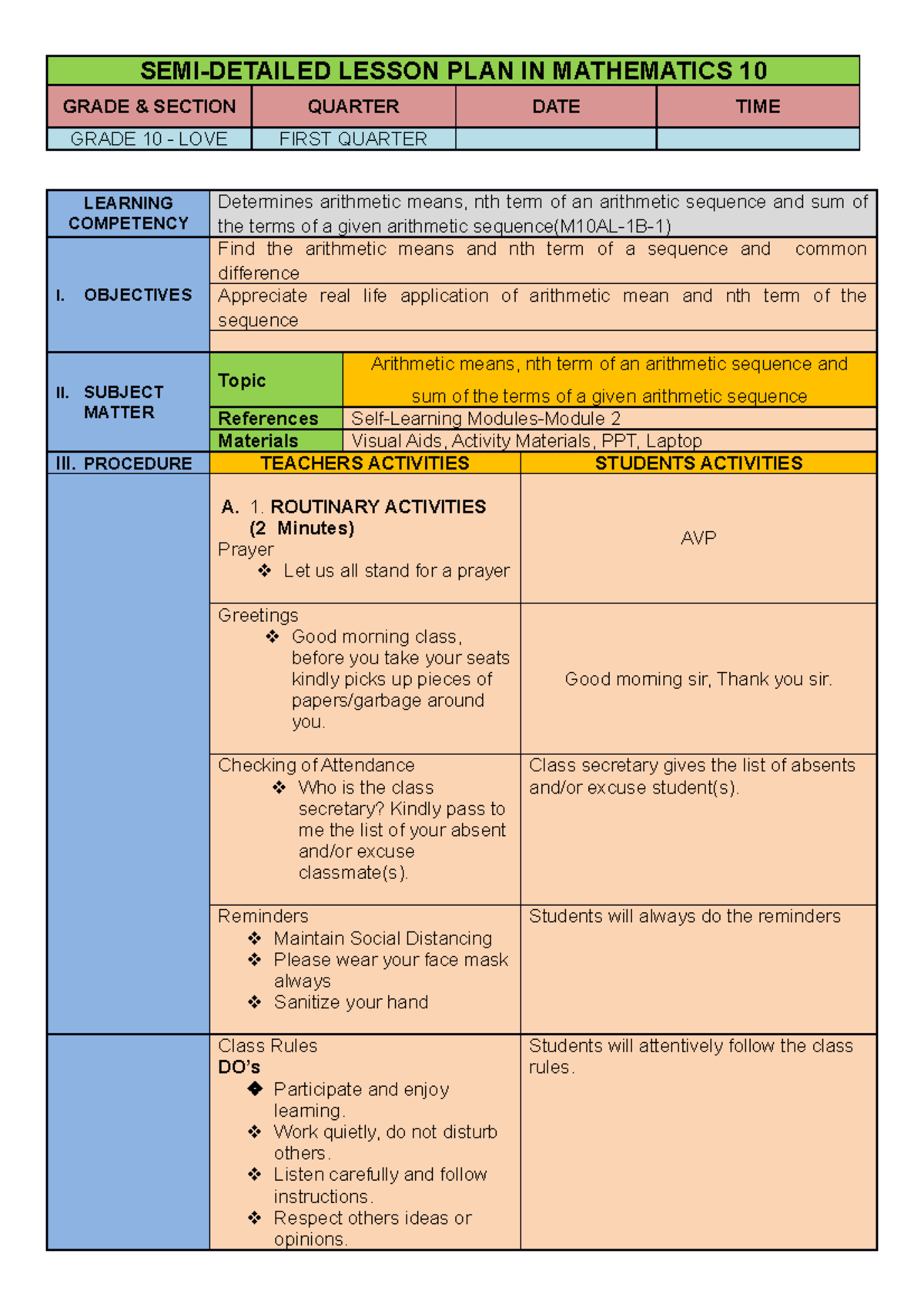 Lesson Plan: Finding the Nth Term of Arithmetic Sequence (M10AL-1B-1 ...