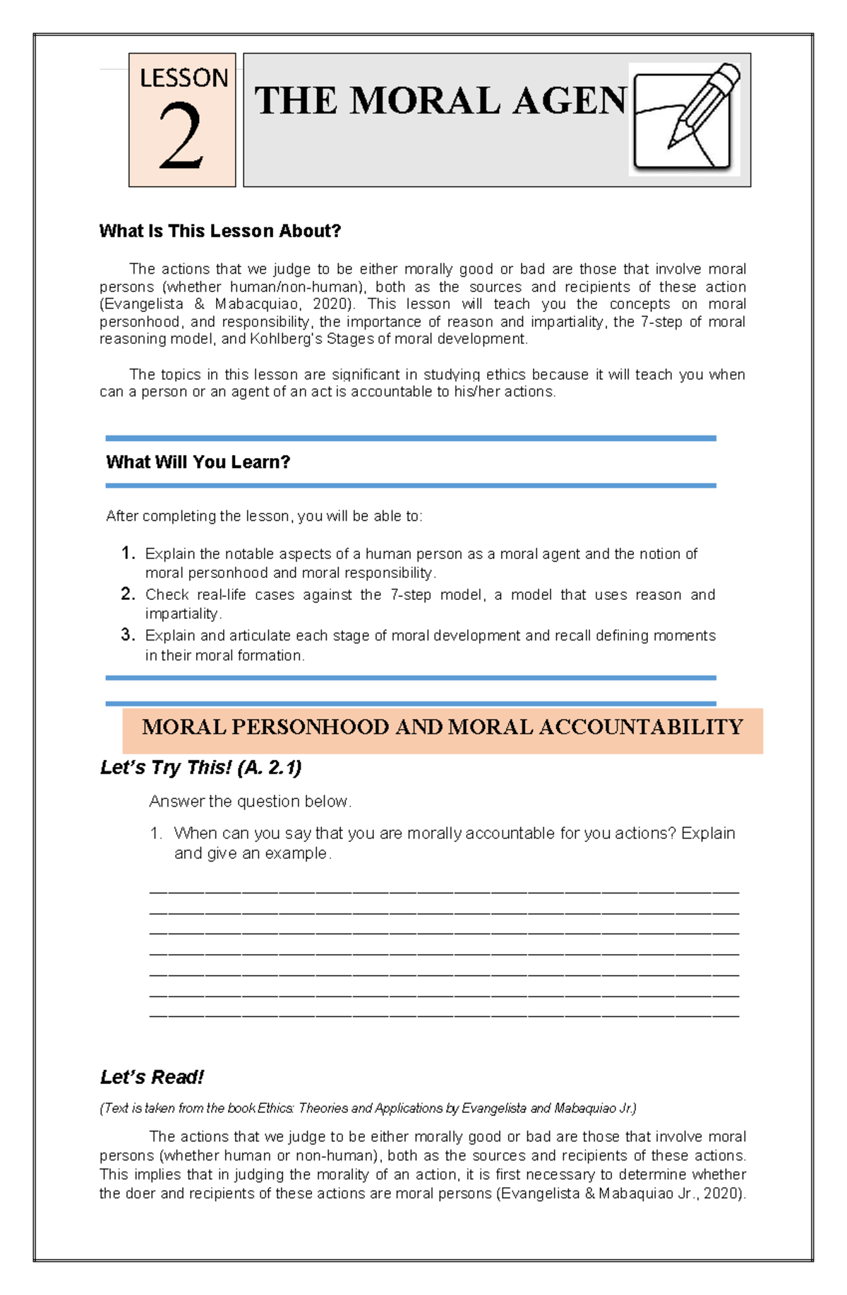 MORAL AGENT: Understanding Moral Personhood and Accountability (ETHICS ...