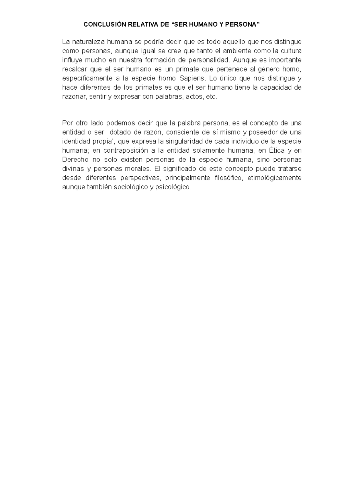 Conclusión sobre la Distinción entre Ser Humano y Persona - Studocu