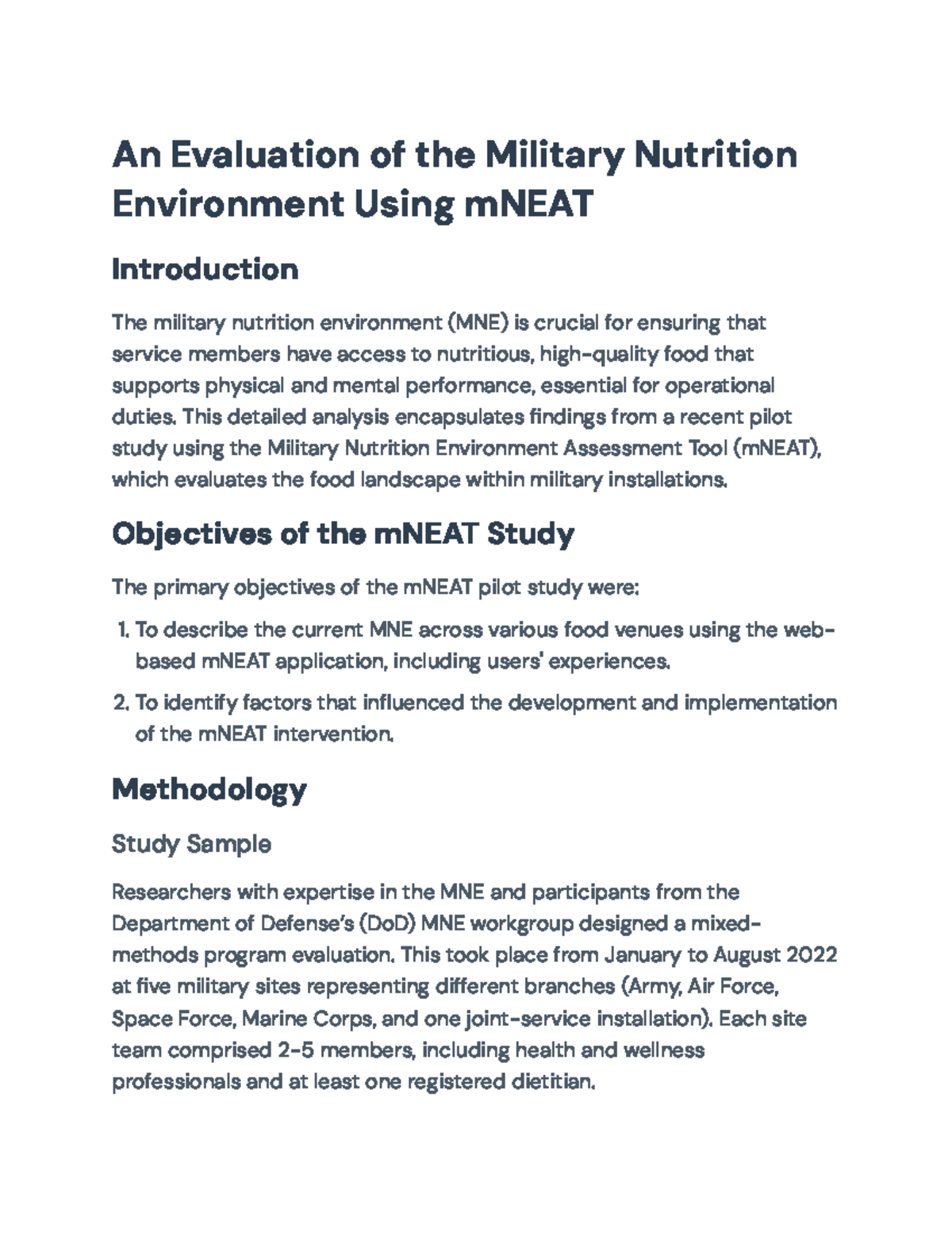 Evaluation of Military Nutrition Environment via mNEAT Tool Analysis ...