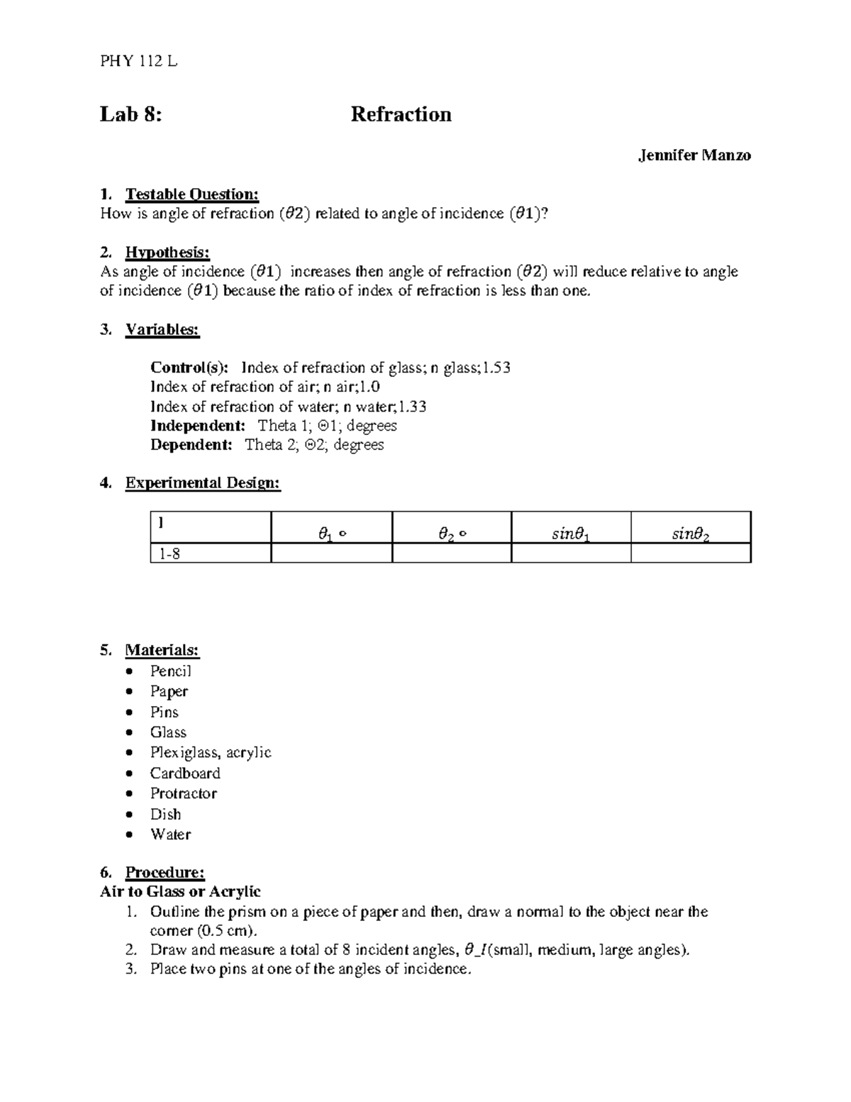 Phy112l - Lab Report on Refraction Dynamics and Experimental Design ...