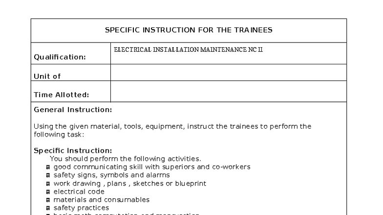 EIM NC II: Specific Instructions for Electrical Installation Trainees ...