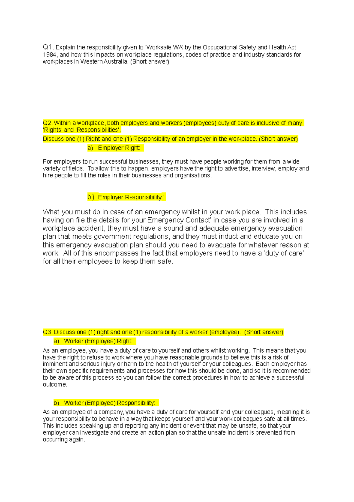 WHS Assessment [3320] - Overview of Responsibilities and Regulations ...