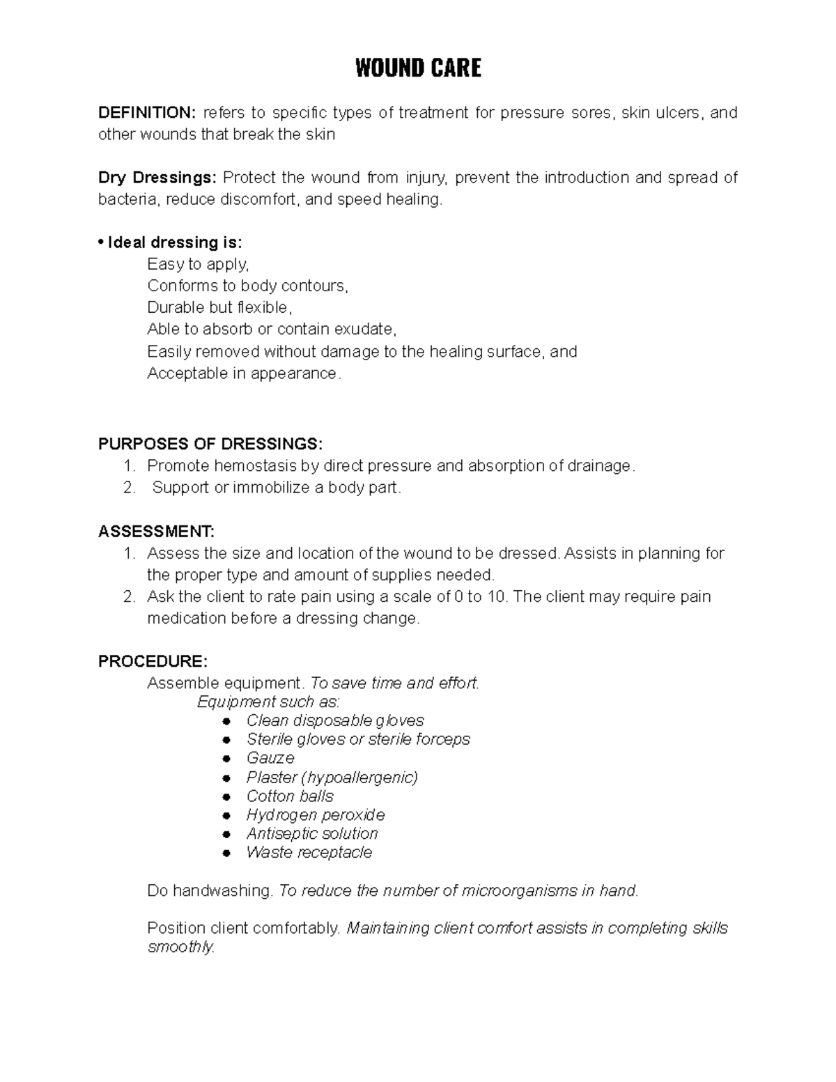 Wound Care Checklist & Rationale: CPH Return Demonstration Guide - Studocu