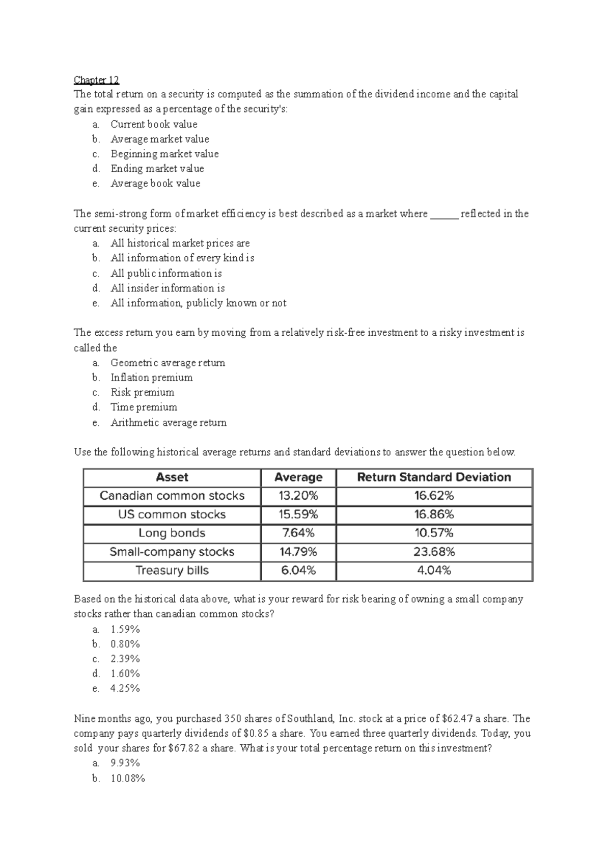 Finance Midterm 2: Total Return, Market Efficiency & Portfolio Analysis ...