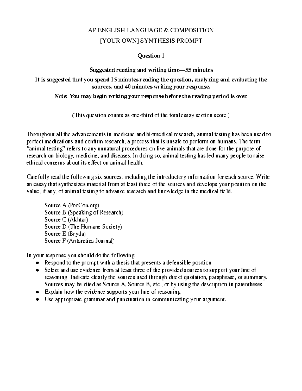 AP English Language & Composition: Synthesis Essay on Animal Testing ...