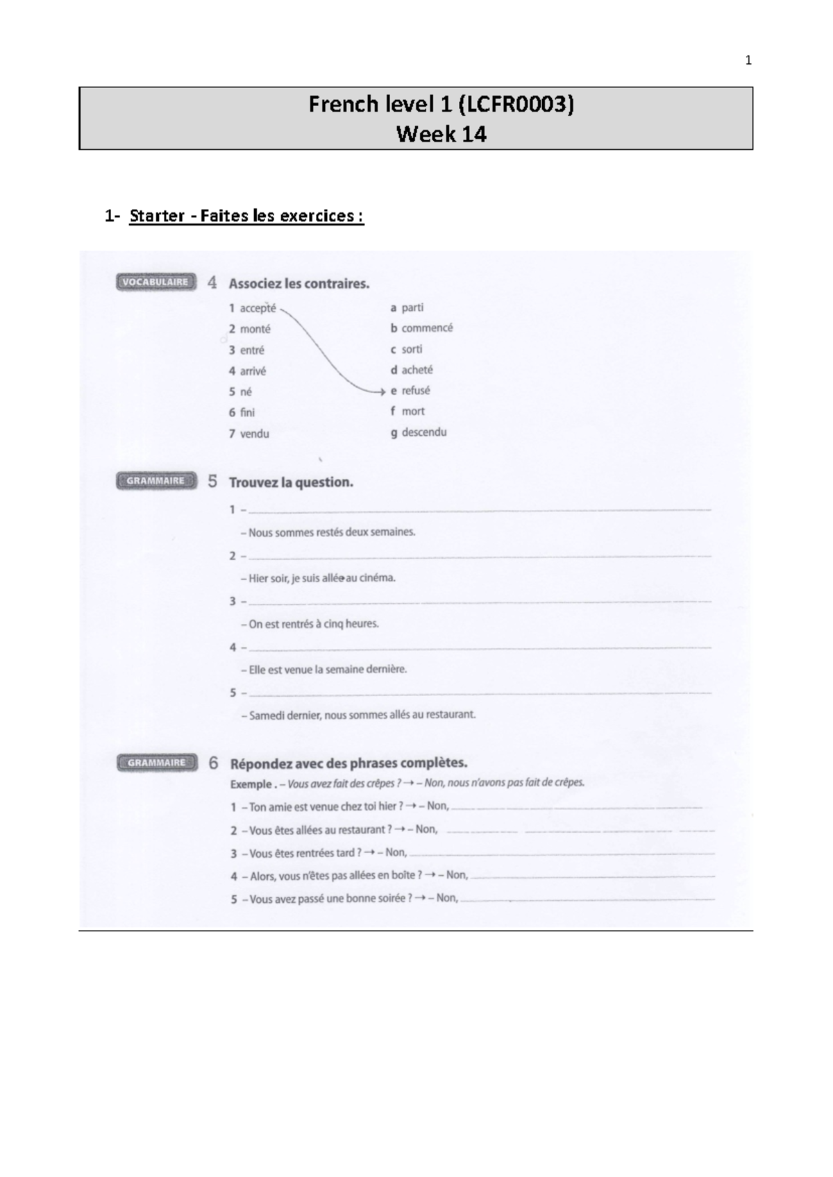 French 1 (LCFR0003) - Week 14 Lesson Content Overview - Studocu